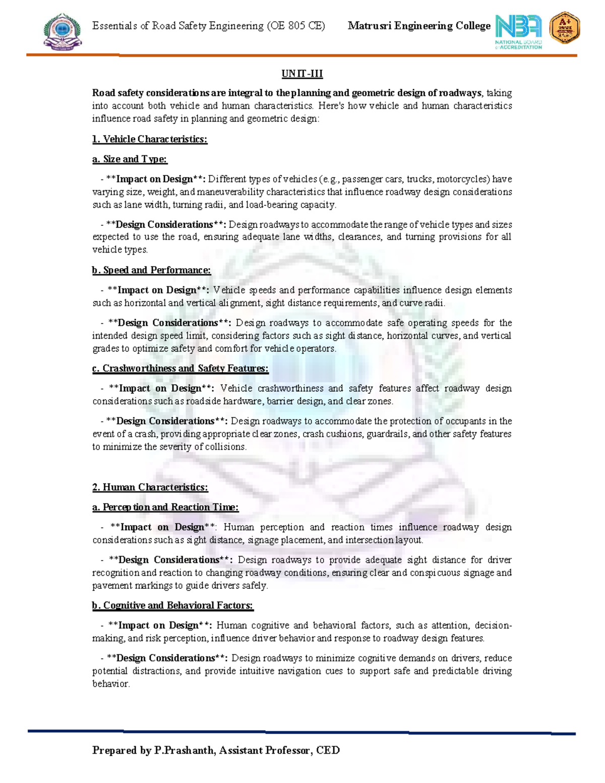 ERSE UNIT-III - Summary Computer science - UNIT-III Road safety ...
