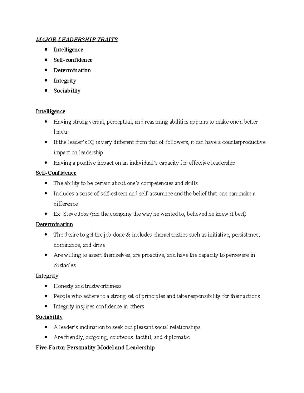 Leadereship traits - MAJOR LEADERSHIP TRAITS Intelligence Self ...