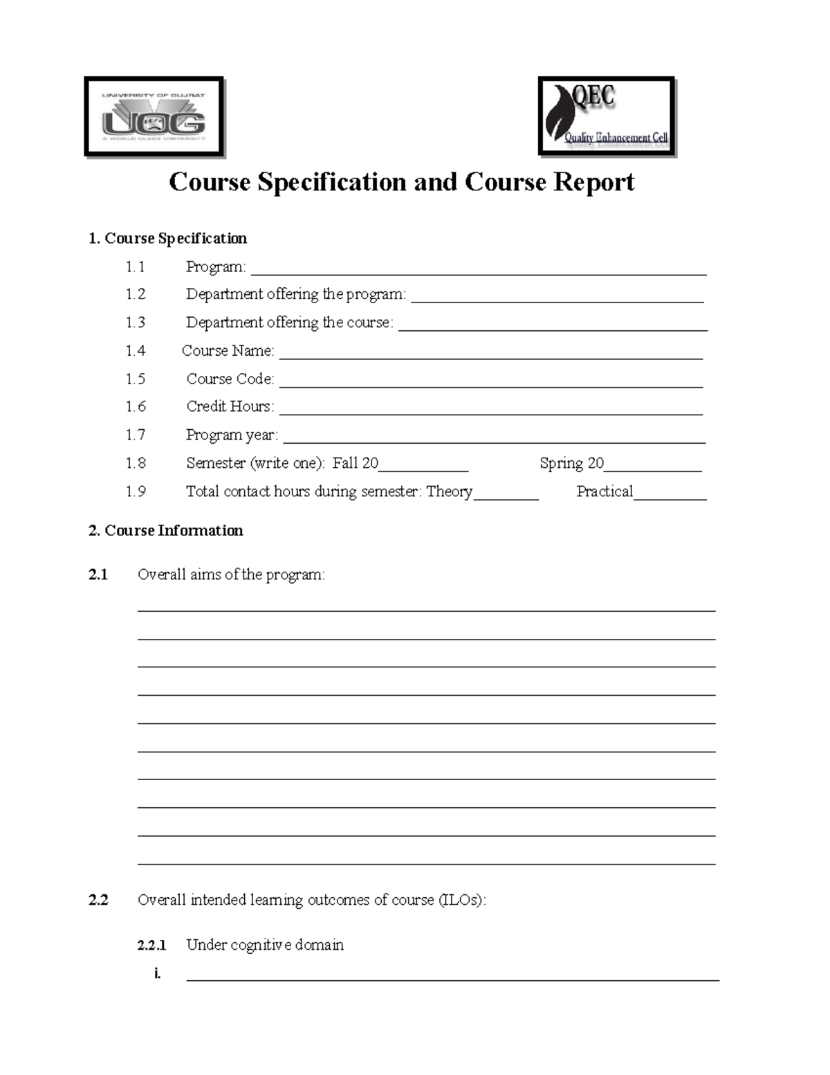 Course Specification and Course Report - Course Specification 1 Program ...
