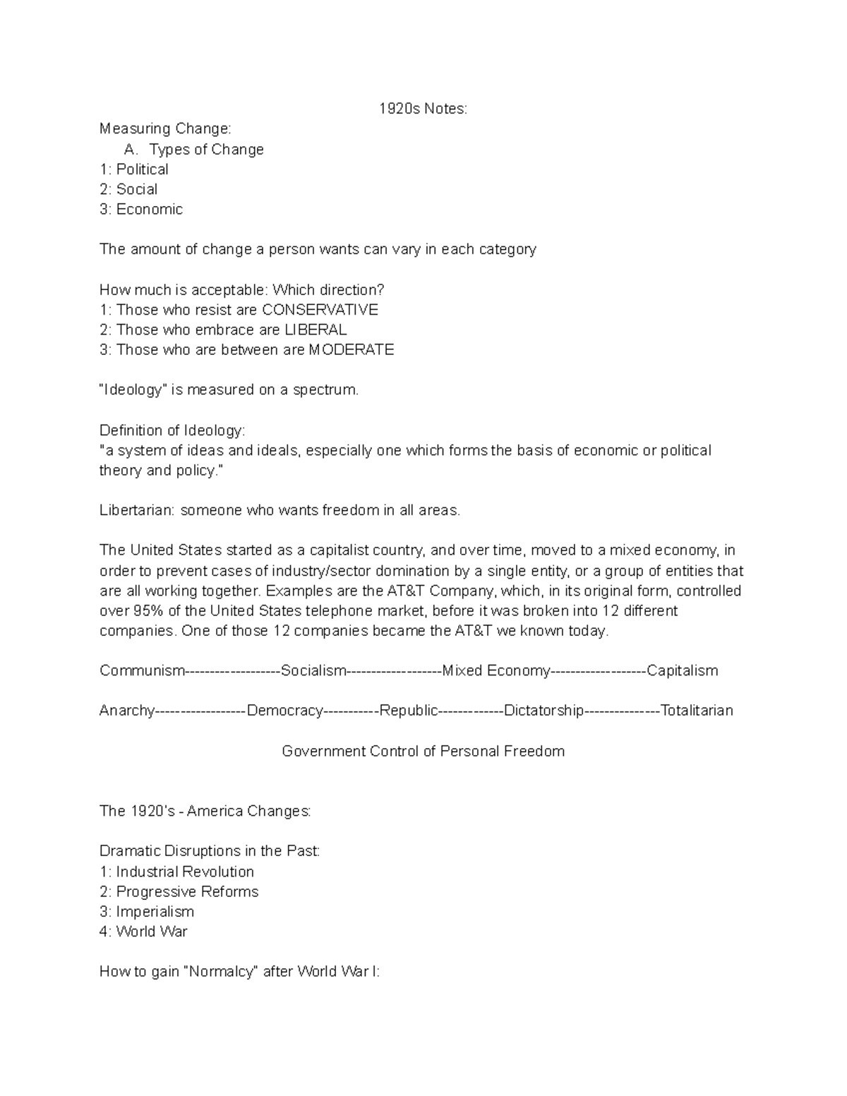 1920s Notes - 1920s Notes: Measuring Change: A. Types of Change 1 ...