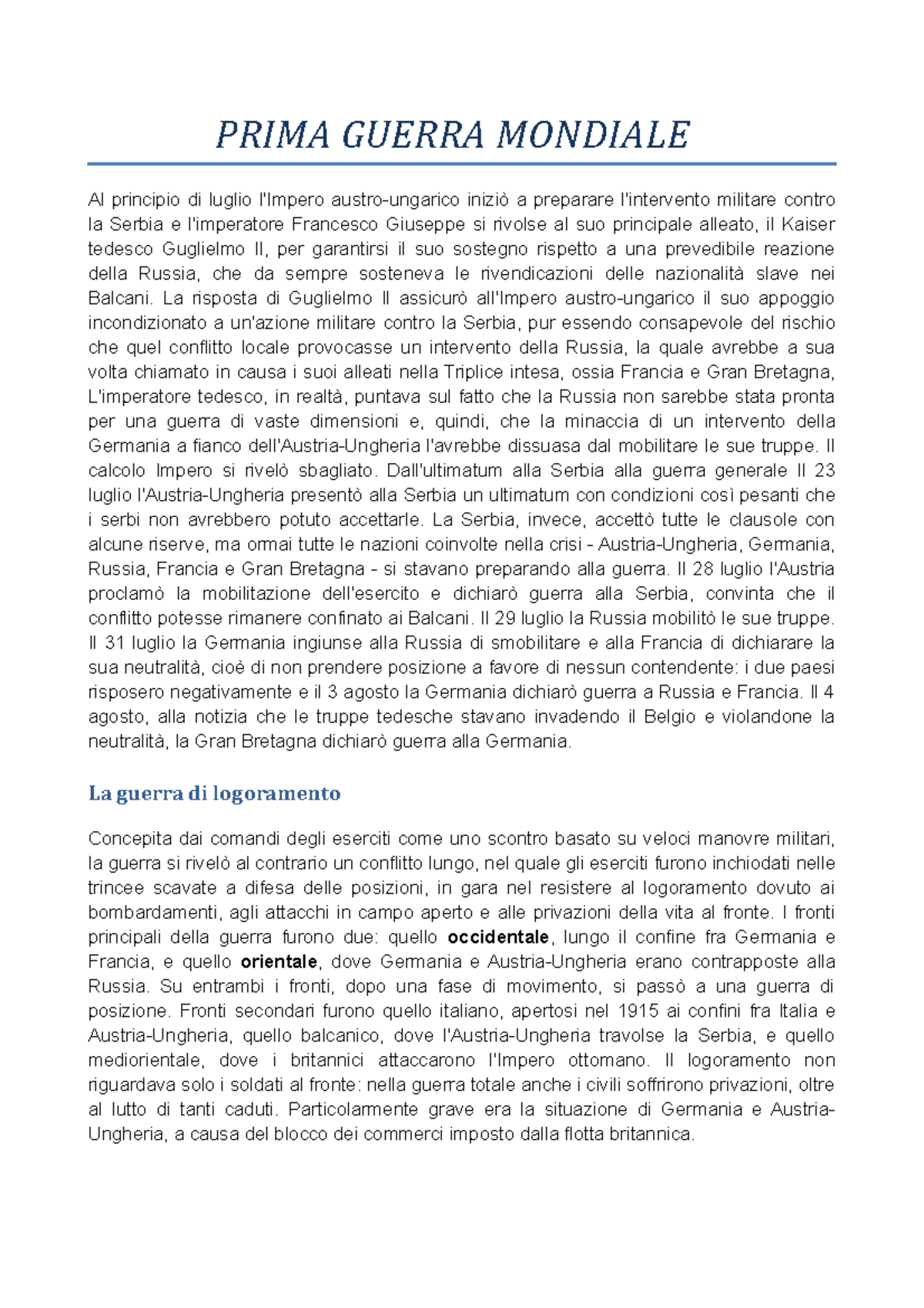 Prima Guerra Mondiale riass - PRIMA GUERRA MONDIALE Al principio di ...