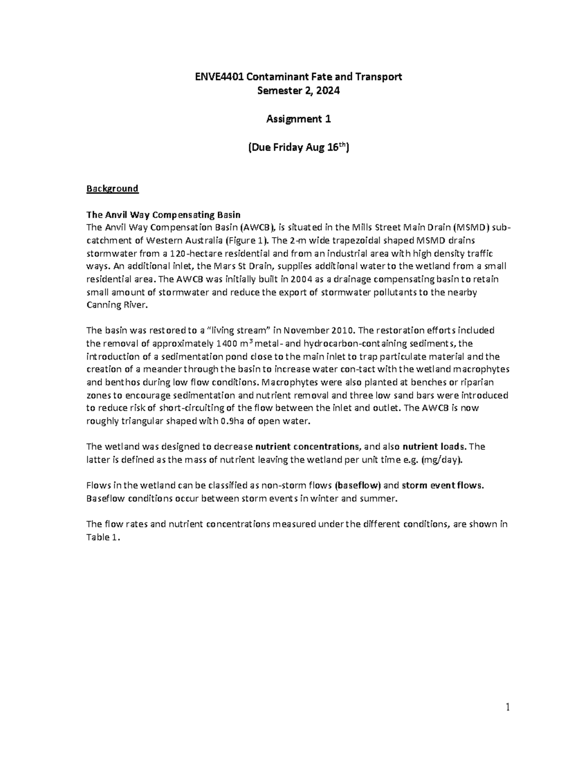 Assignment 1 Sem 2 2024 - ENVE4401 Contaminant Fate and Transport Semester 2, 2024 Assignment 1 ...
