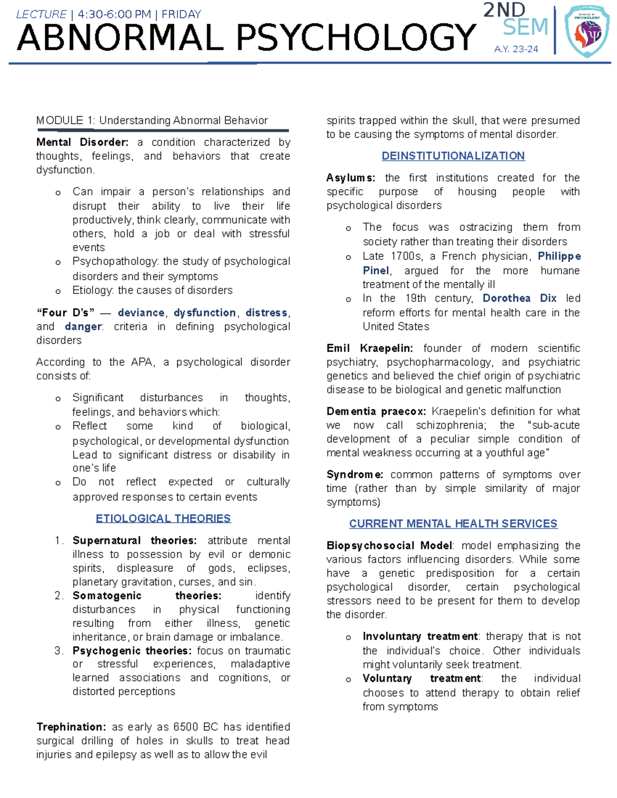 Abnormal Psychology - A. 23- SEM ABNORMAL PSYCHOLOGY LECTURE | 4:30-6: ...
