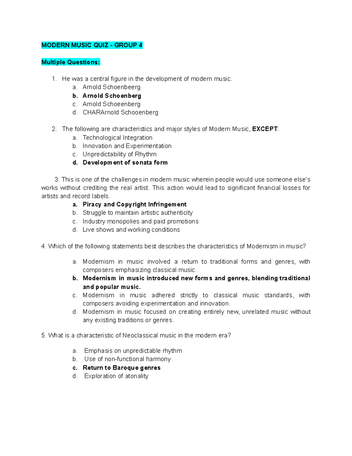 Modern Music - practice set - MODERN MUSIC QUIZ - GROUP 4 Multiple ...