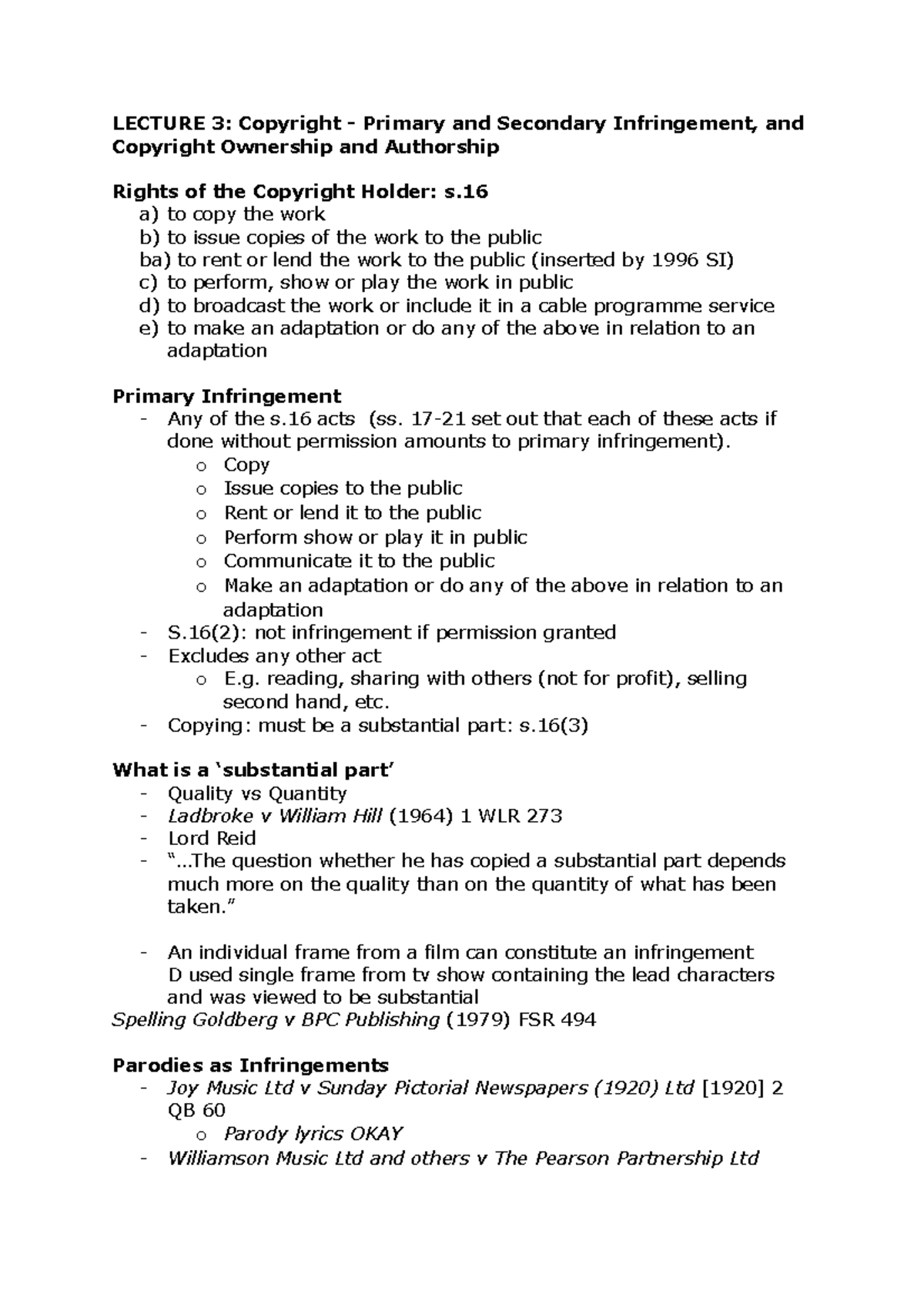 IPL Lecture 3 - LECTURE 3: Copyright - Primary and Secondary Infringement, and Copyright ...