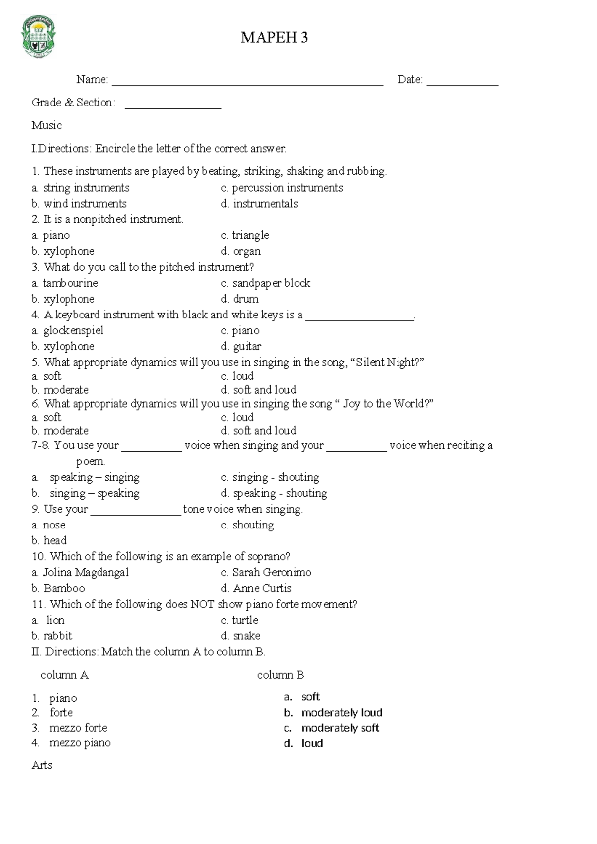 4th Mapeh - Name: _____________________________________________ Date ...