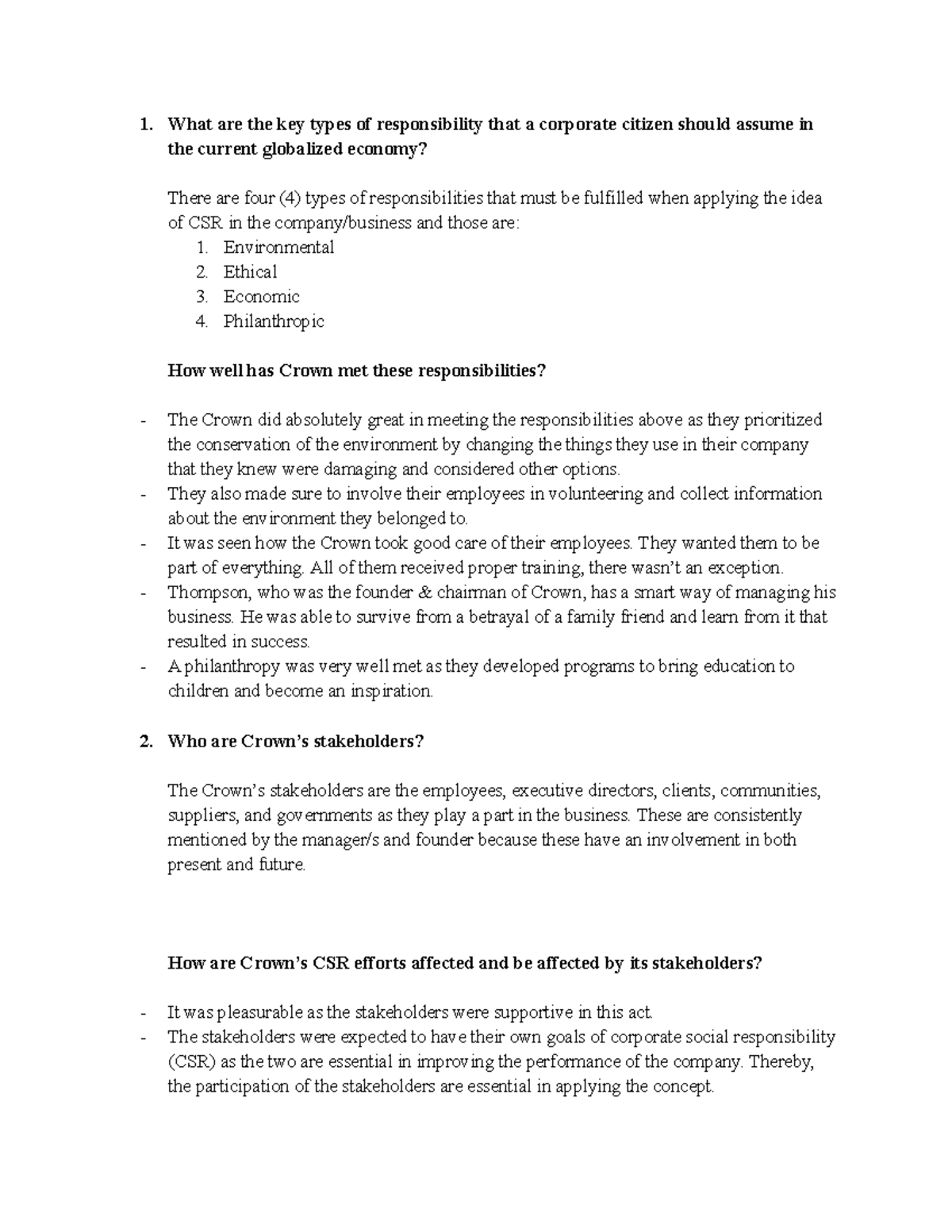 CSR Case Final - Nanananaks - 1. What are the key types of ...