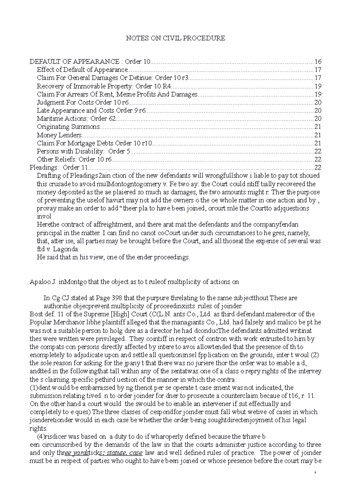 Civil Procedure CI 47 - NOTES ON CIVIL PROCEDURE DEFAULT OF APPEARANCE ...