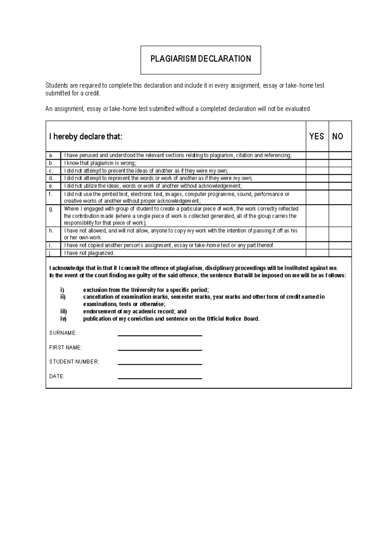 Plagiarism Declaration - Students are required to complete this ...