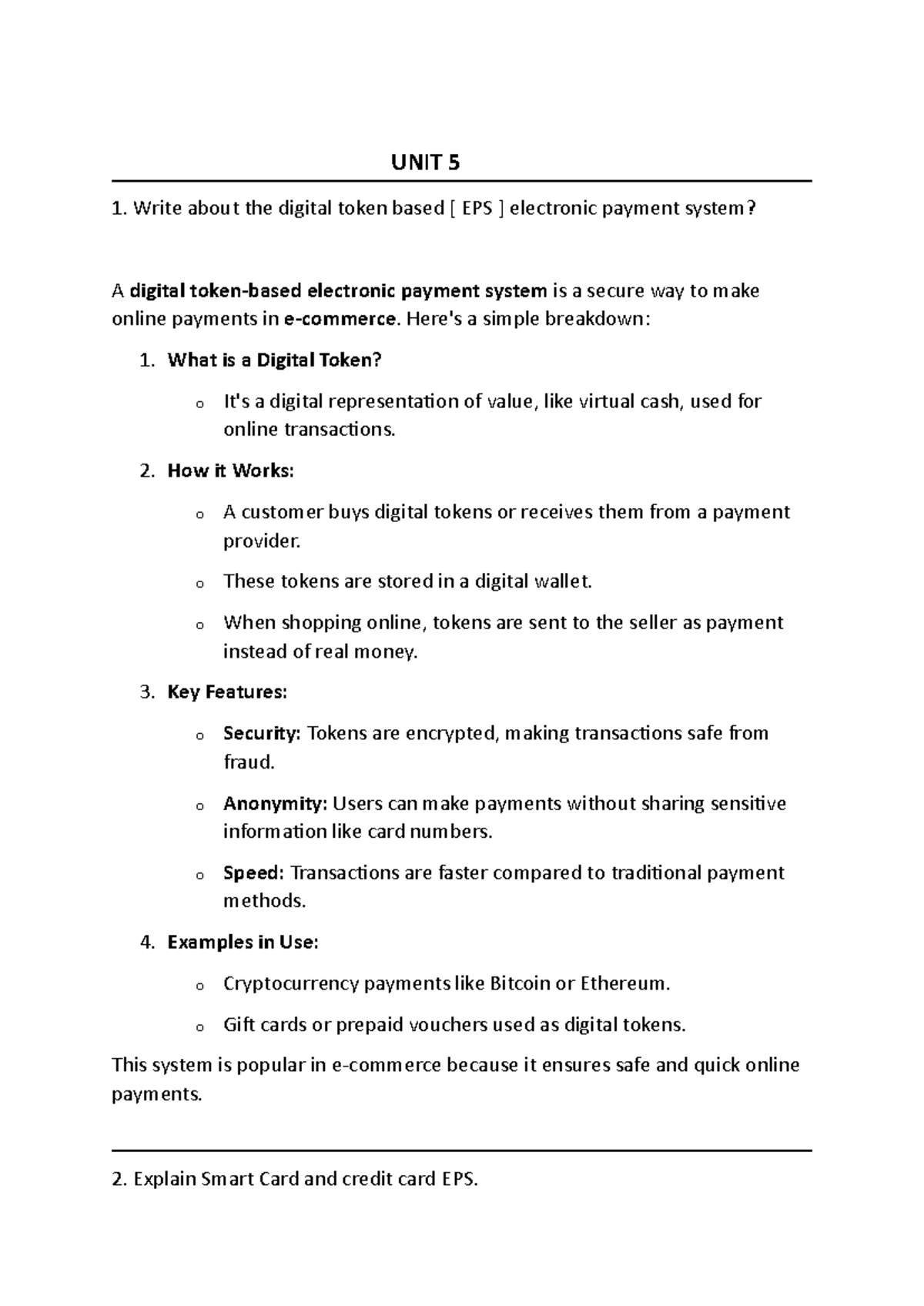 E Commerce Technology - UNIT 5 1. Write about the digital token based [ EPS ] electronic payment ...