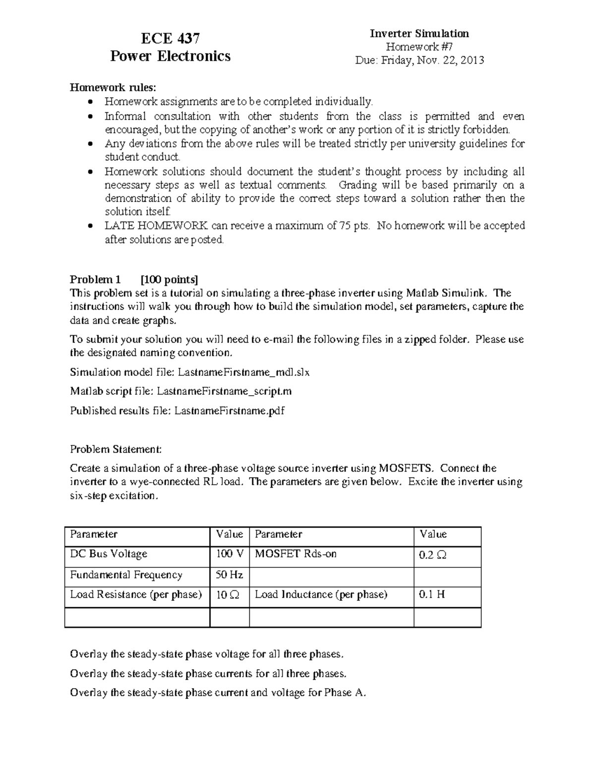 Matlab Simulink Ece 437 Power Electronics Inverter Simulation Homework 7 Due Friday Nov