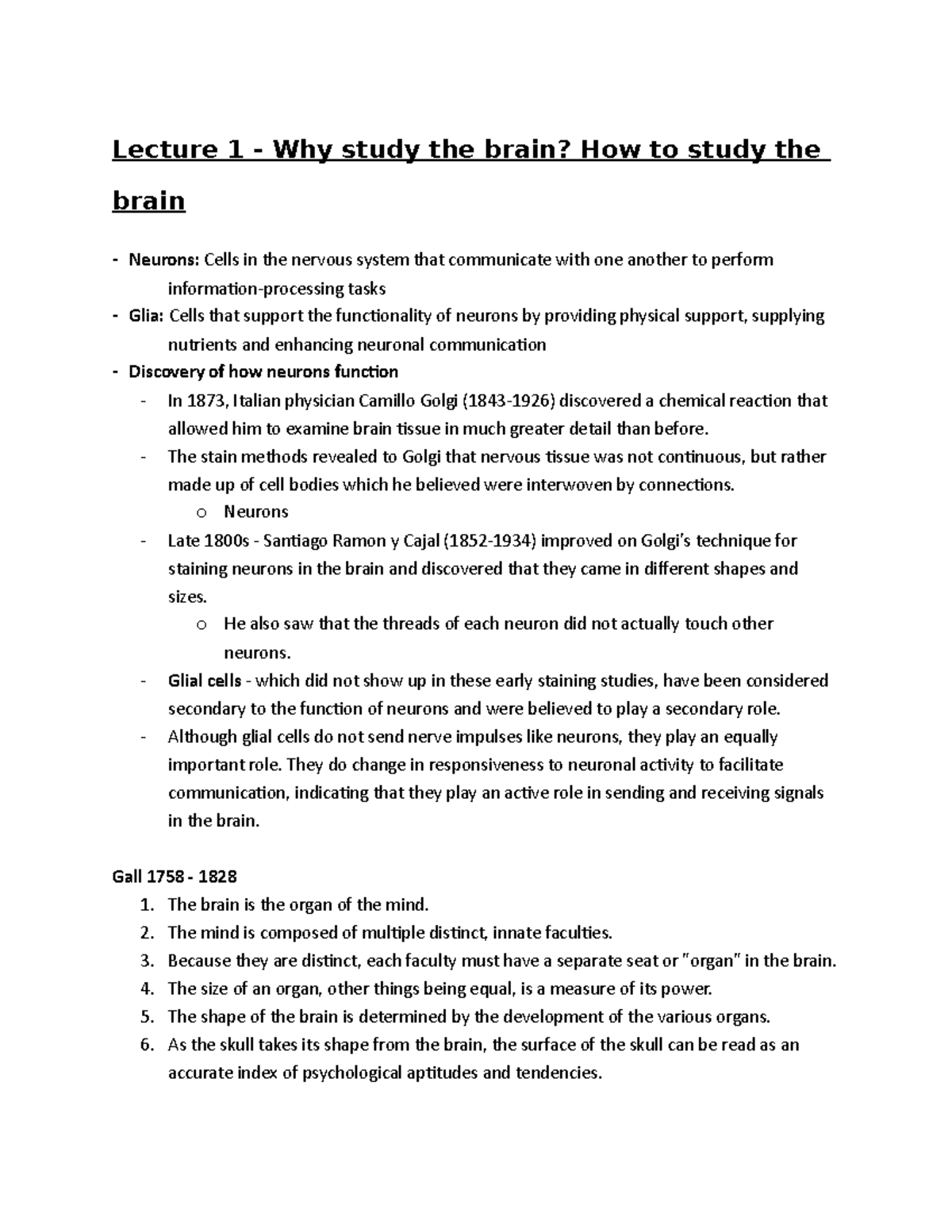 Bio revision - Lecture notes - Lecture 1 - Why study the brain? How to ...