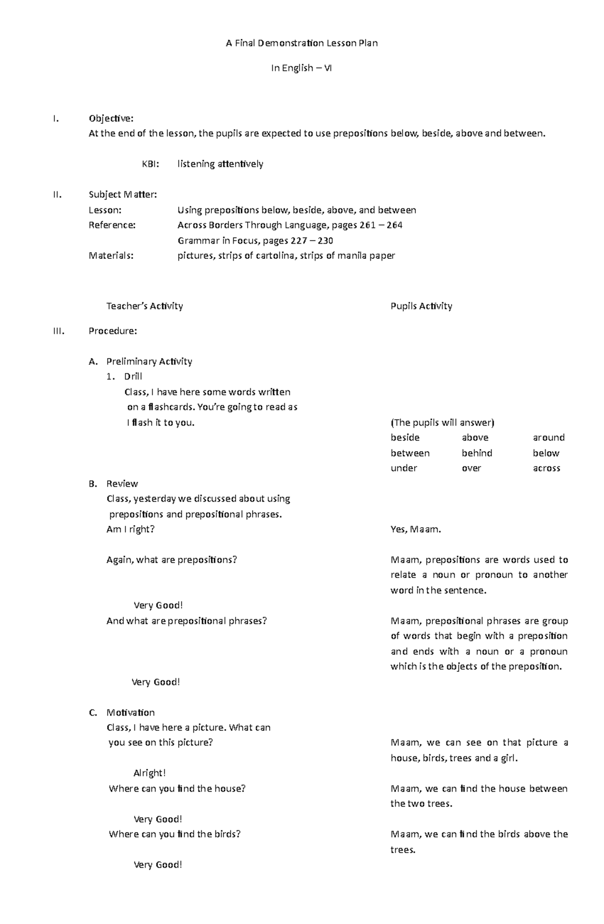 A Final Demonstration Lesson Plan - Objective: At the end of the lesson ...