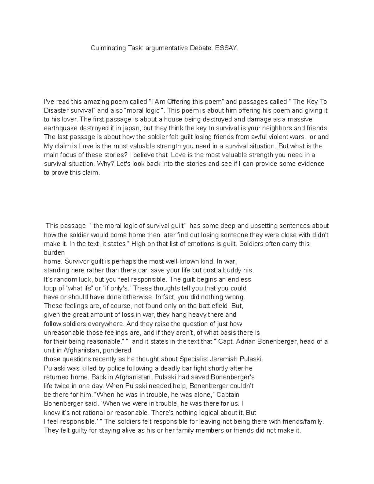 Culminating Task Argumentative Debate - ESSAY. I've read this amazing ...