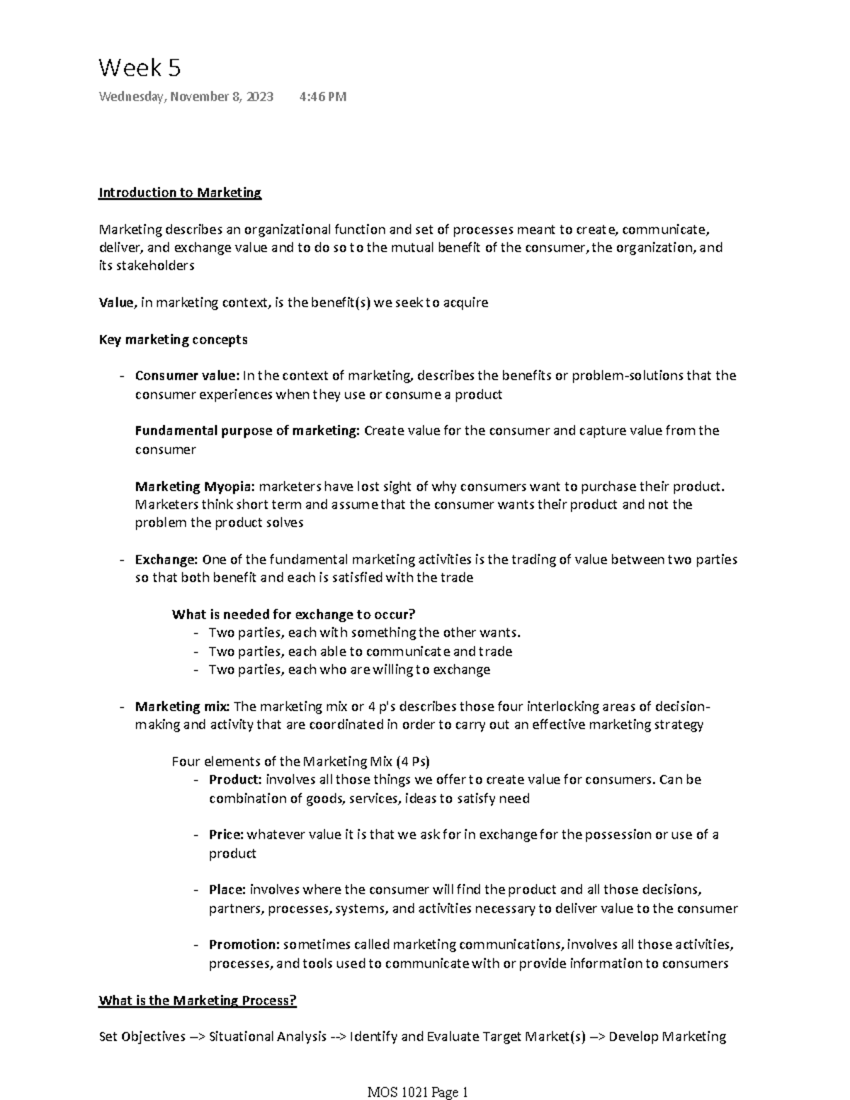 unit 5 lecture notes - Introduction to Marketing Marketing describes an ...