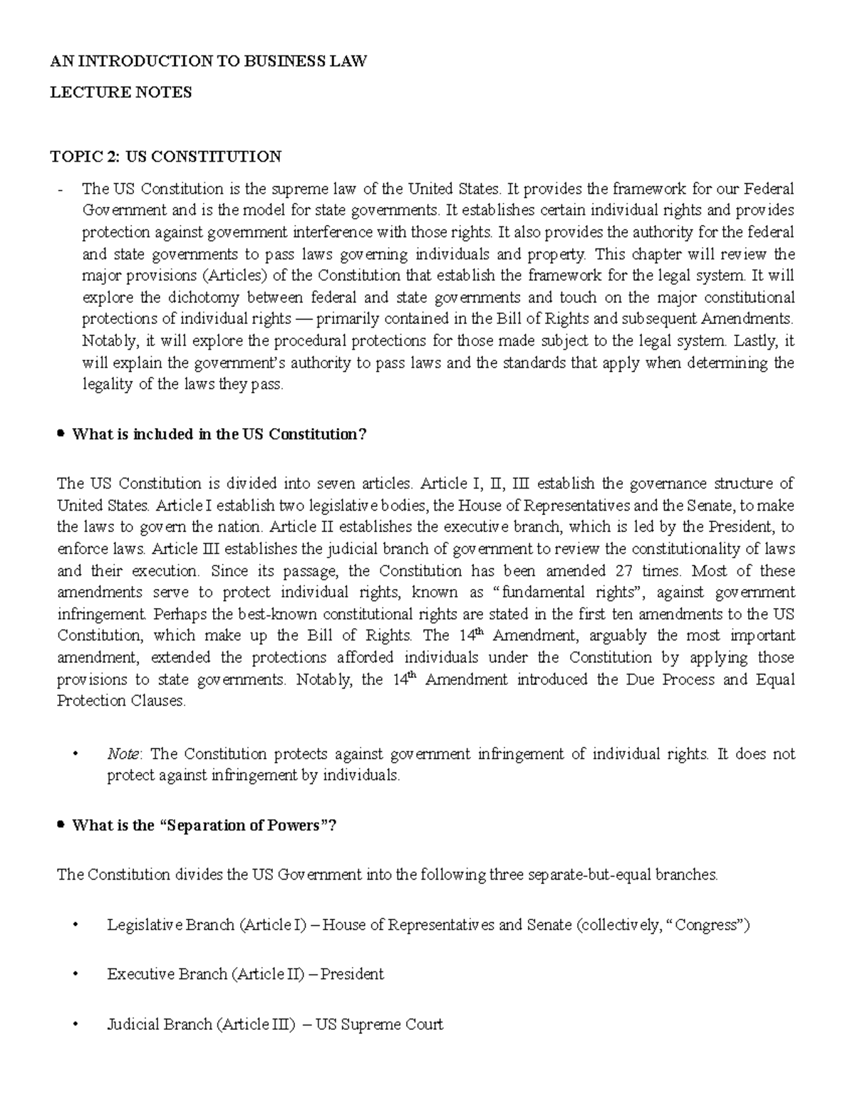 Business LAW (US Constitution) - AN INTRODUCTION TO BUSINESS LAW ...