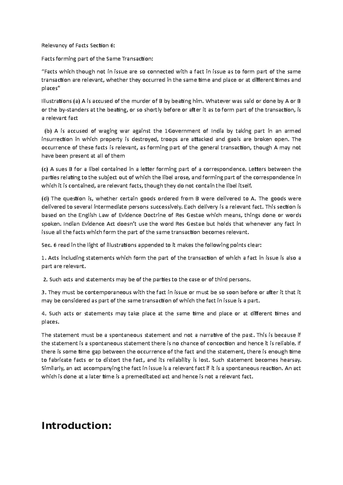 Relevancy of Facts Section 6 - Whatever was said or done by A or B or ...