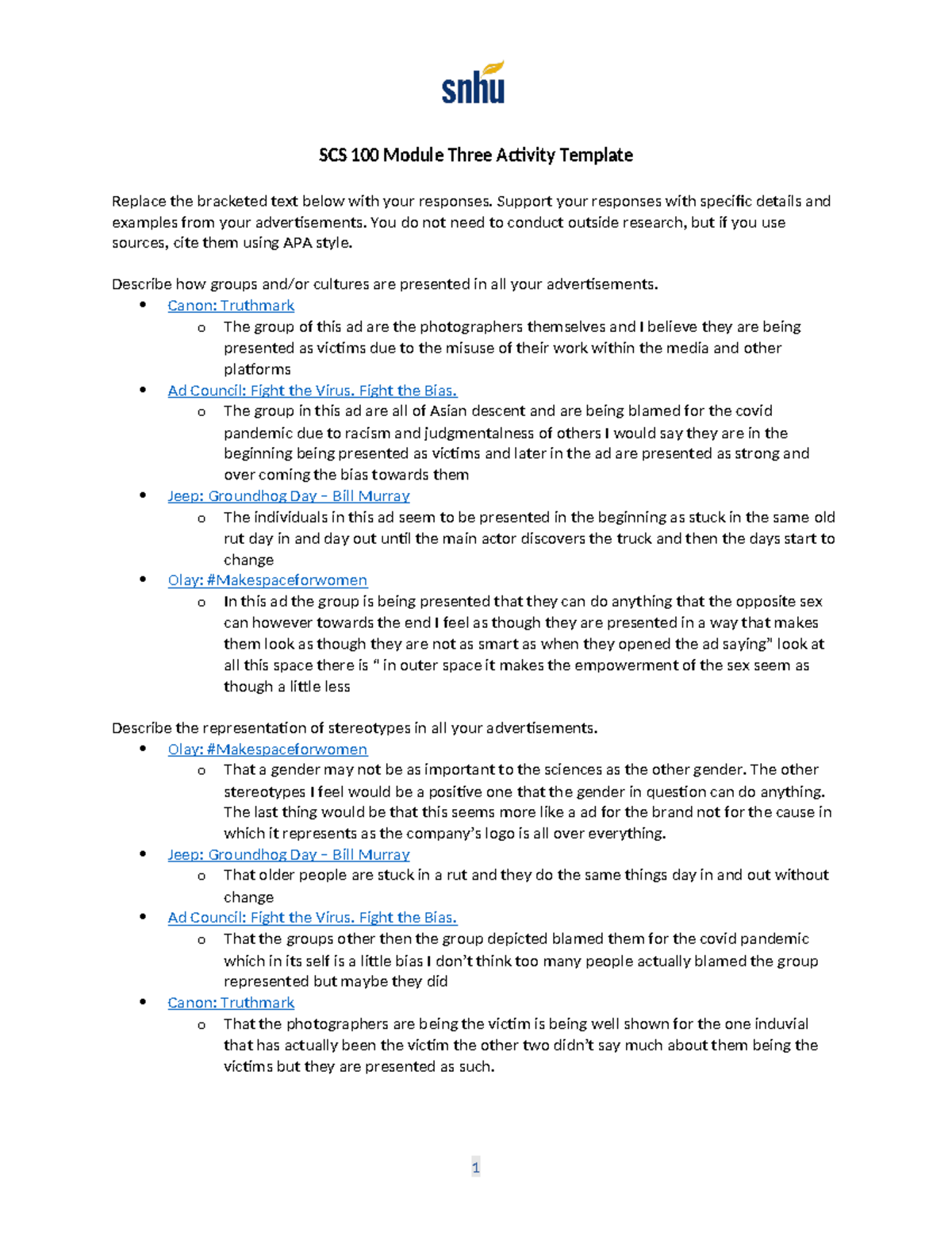SCS 100 Module Three Activity - Support your responses with specific ...