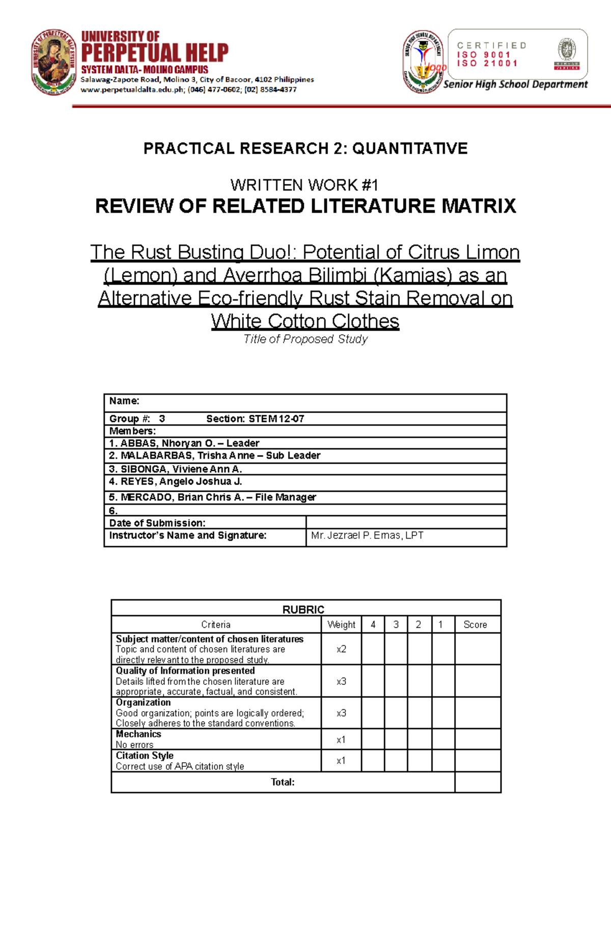 Group-3 WW1-RRL-Matrix - PRACTICAL RESEARCH 2: QUANTITATIVE WRITTEN ...