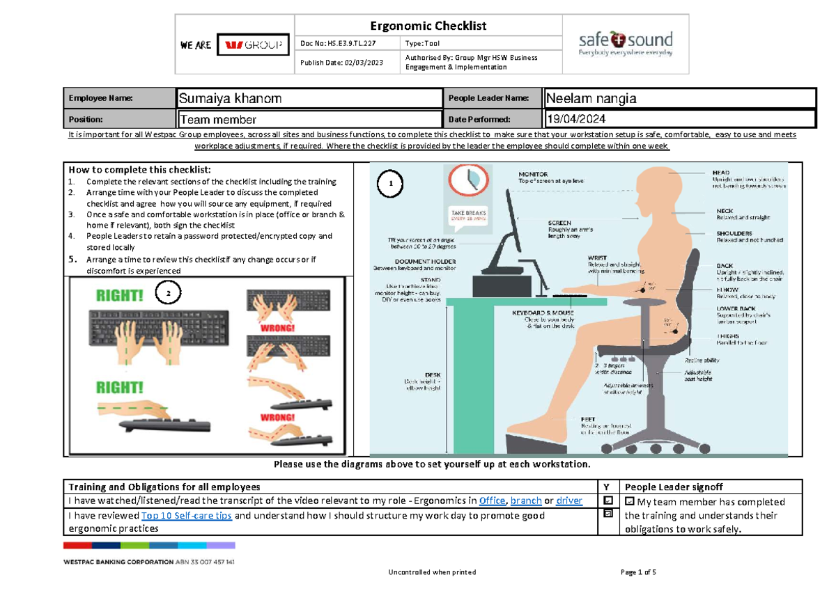 HS.E3.9.TL.227 Ergonomic Checklist (002) - Ergonomic Checklist Doc No ...