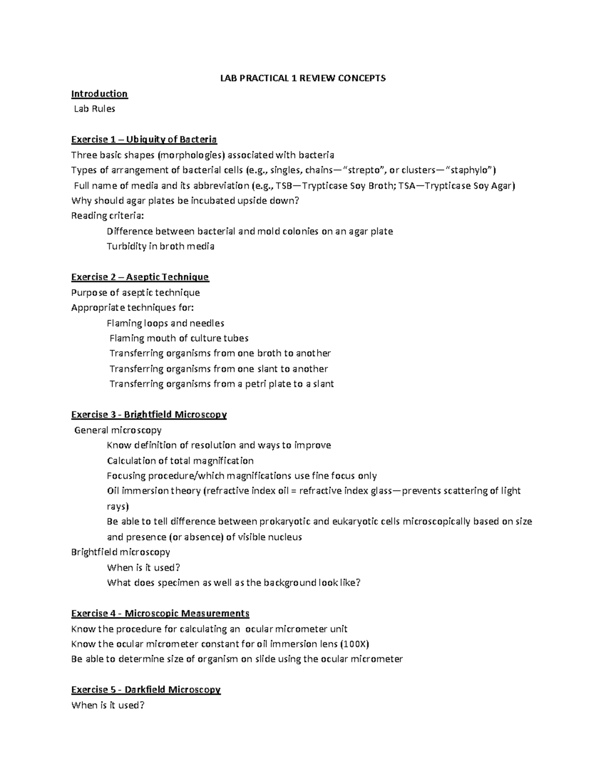 Microbiology LAB Practical 1 Review Concepts - LAB PRACTICAL 1 REVIEW ...