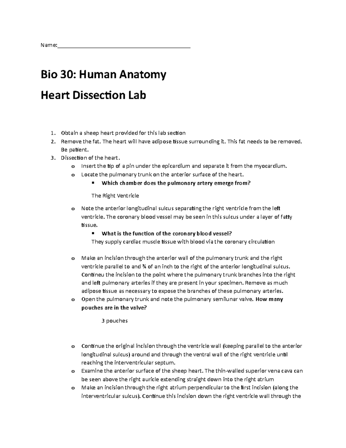 Heart Dissection Lab - traugh - Name:___________________________________________ Bio 30: Human ...