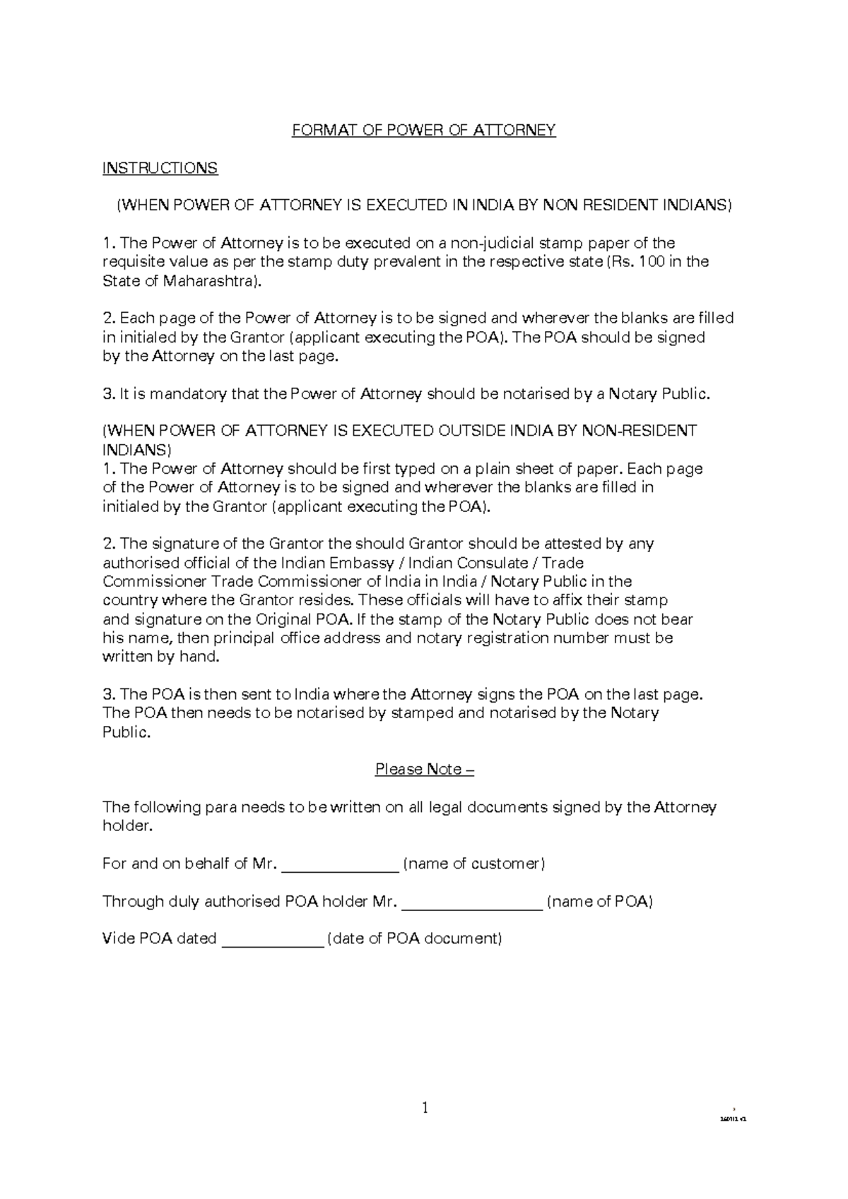 General Power of Attorney - FORMAT OF POWER OF ATTORNEY INSTRUCTIONS ...