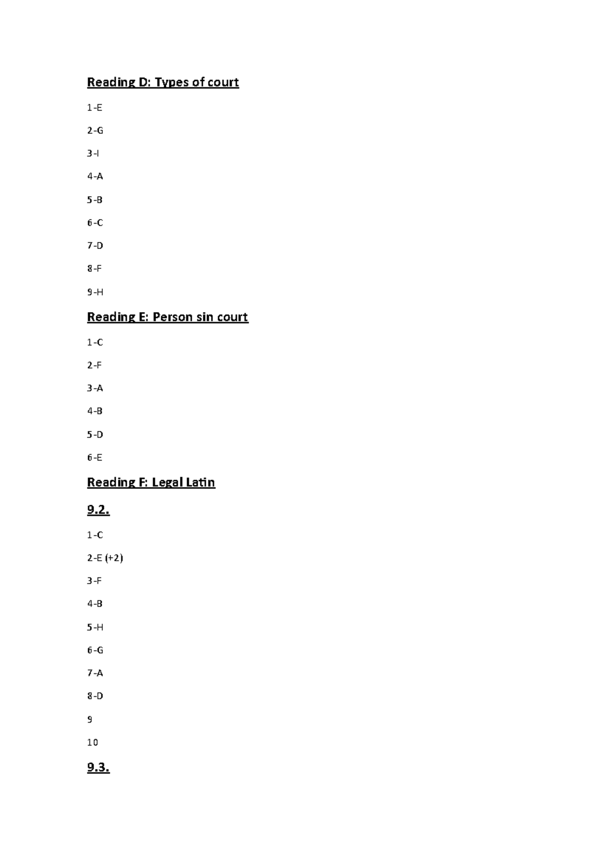 Exercises - Reading D: Types of court 1-E 2-G 3-I 4-A 5-B 6-C 7-D 8-F 9 ...
