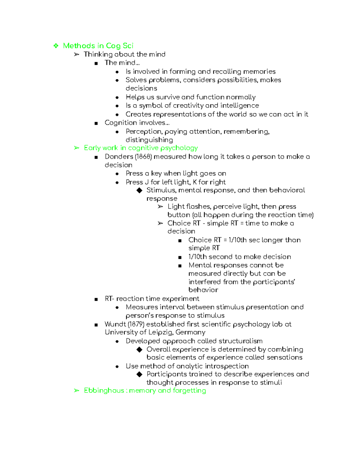 Psy 211- Exam 1 - Methods in Cog Sci Thinking about the mind The mind... Is involved in - Studocu