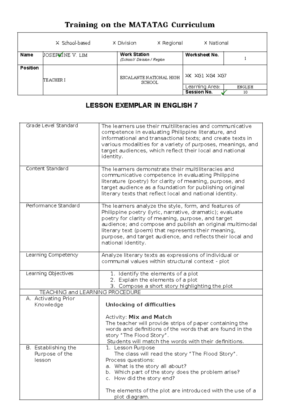 LIM Worksheet 1 Session 10 - Training on the MATATAG Curriculum ...