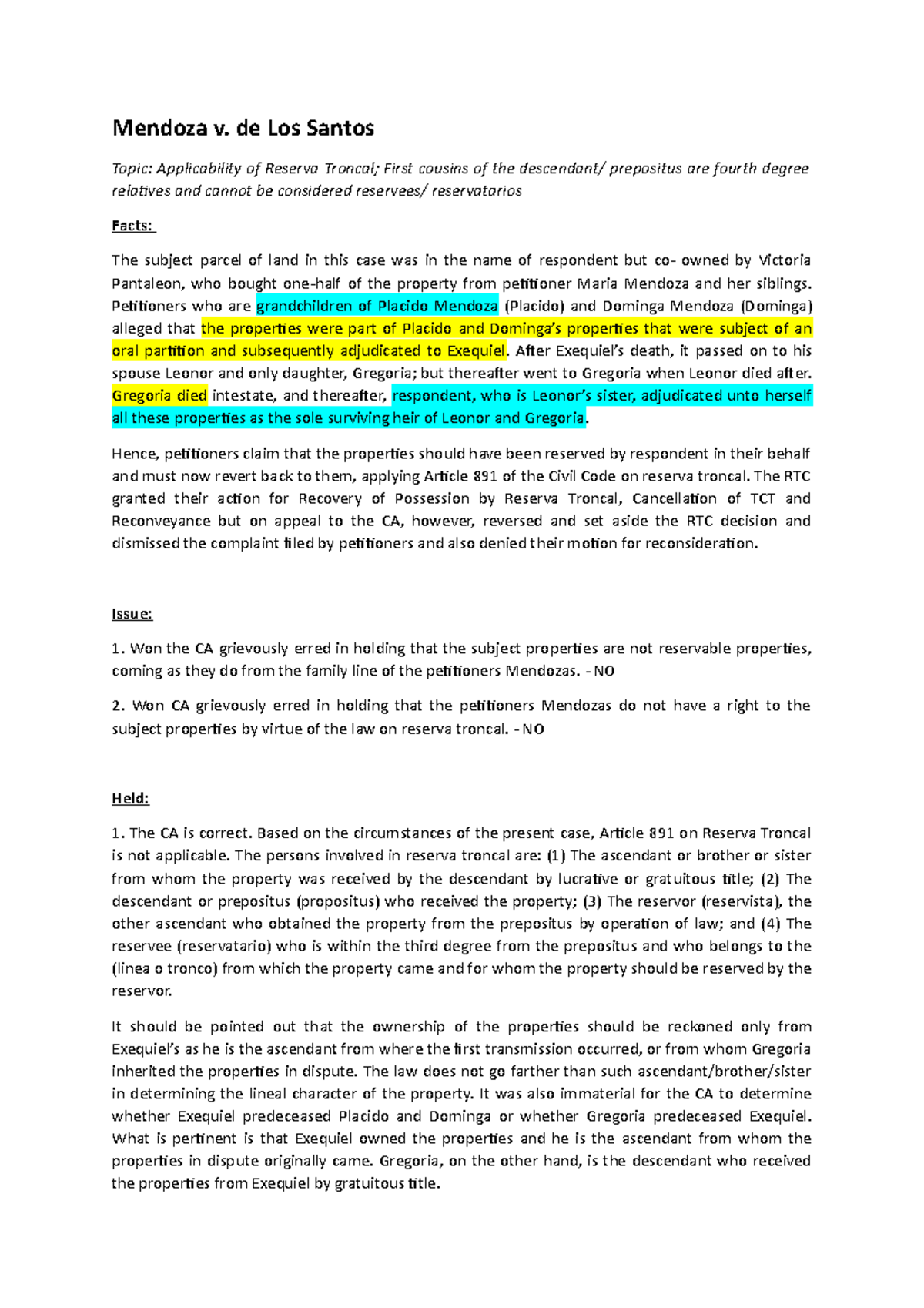 Cases III - Mendoza v. de Los Santos Topic: Applicability of Reserva ...
