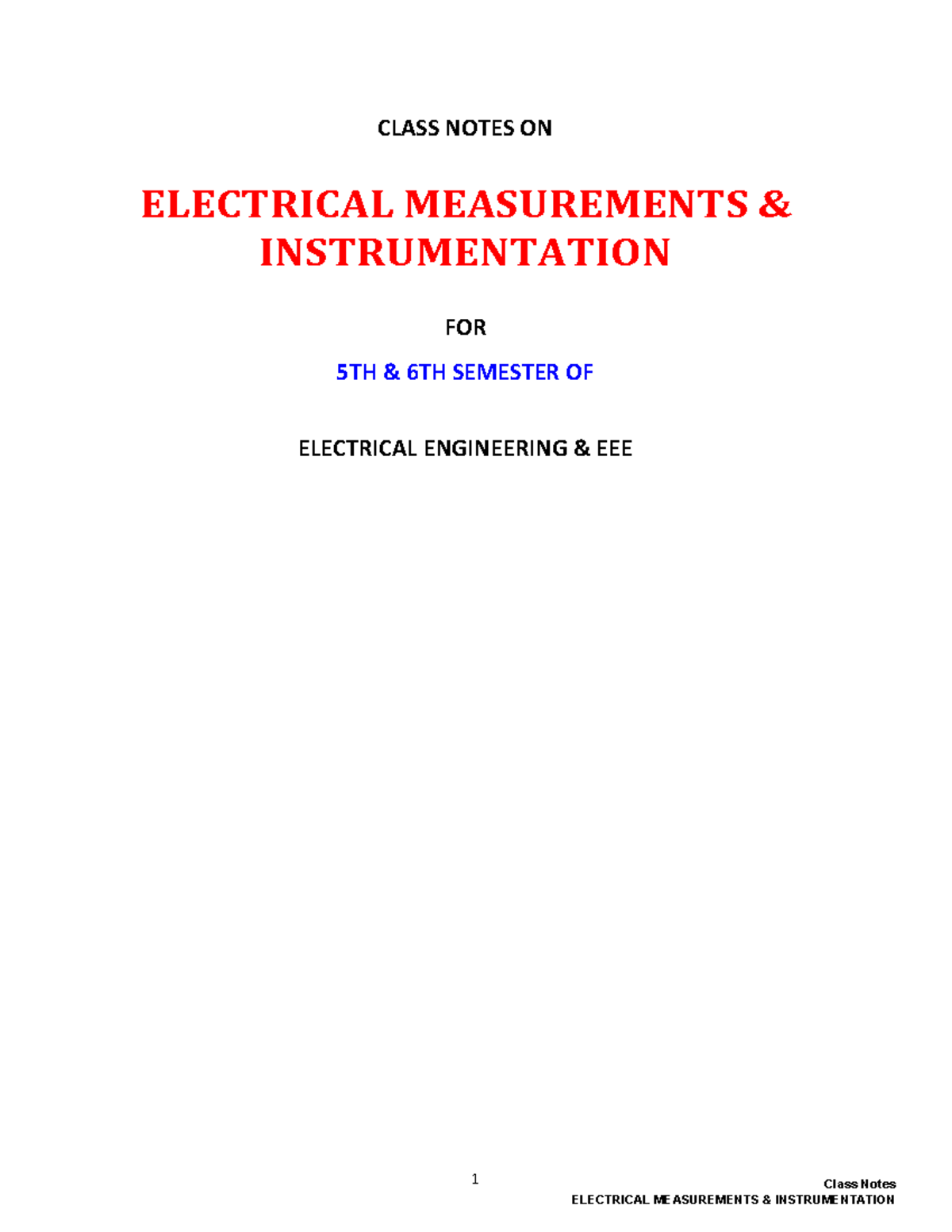 EEE Electrical Engineering Class Notes ON Electrical Measurements ...