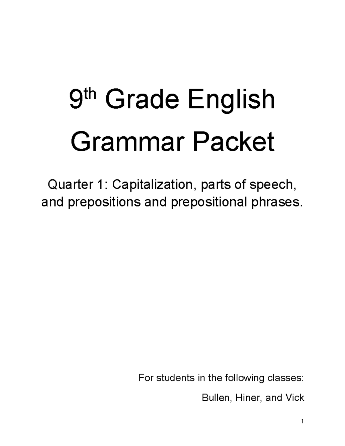 9th Grade English Grammar Packet for - 9 th Grade English Grammar ...