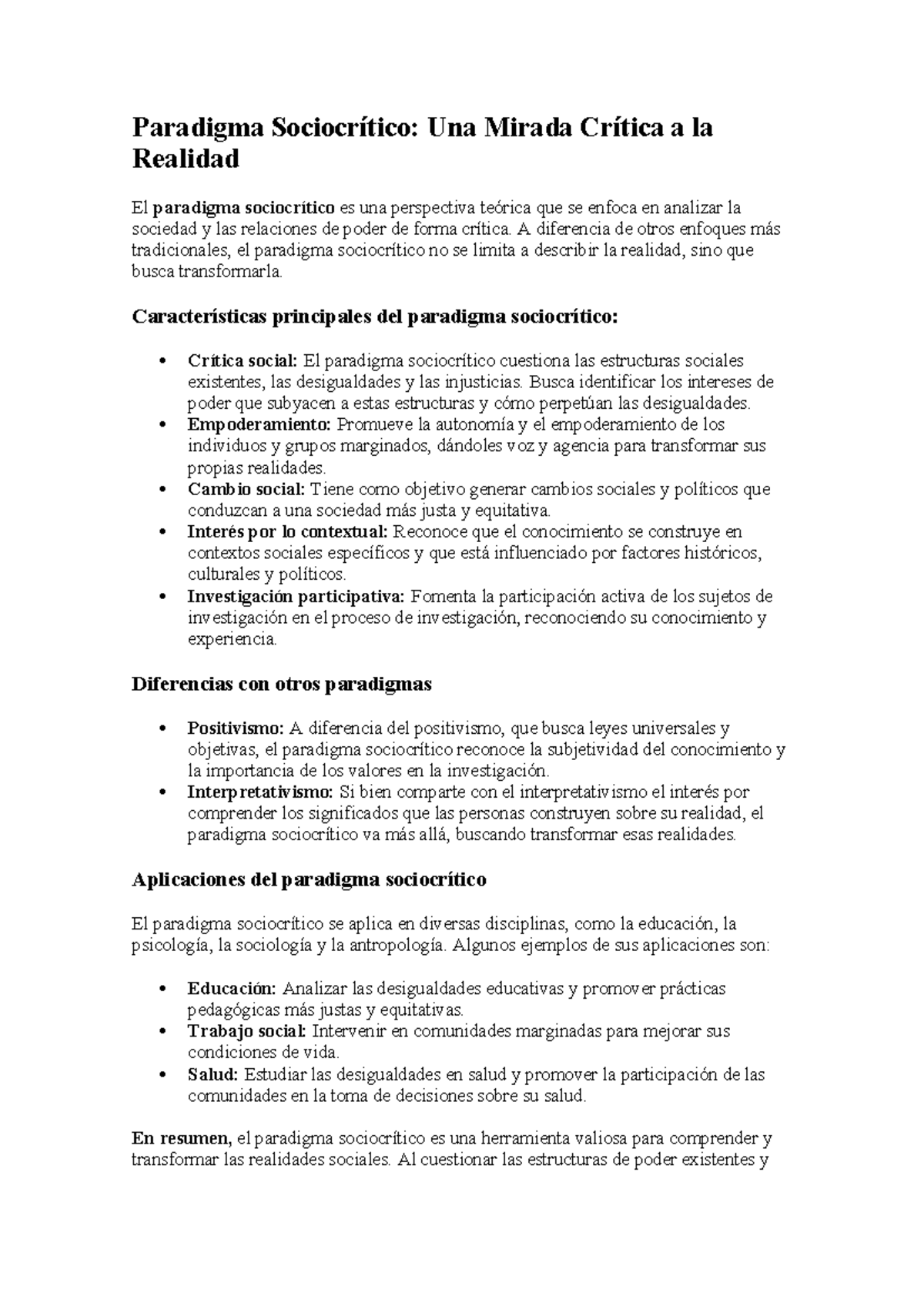 Paradigma Sociocrítico - A diferencia de otros enfoques más ...