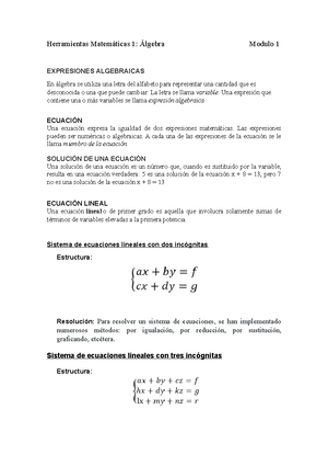 Algebra - Resumen completo - Ecuaciones Expresiones algebraicas: En ...