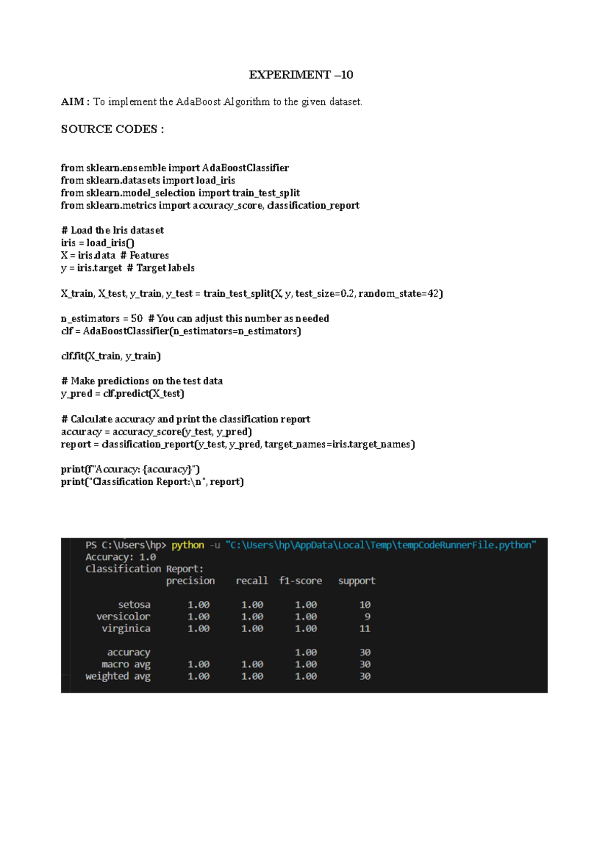 Ml Exp 10 Experiment Aim To Implement The Adaboost Algorithm To