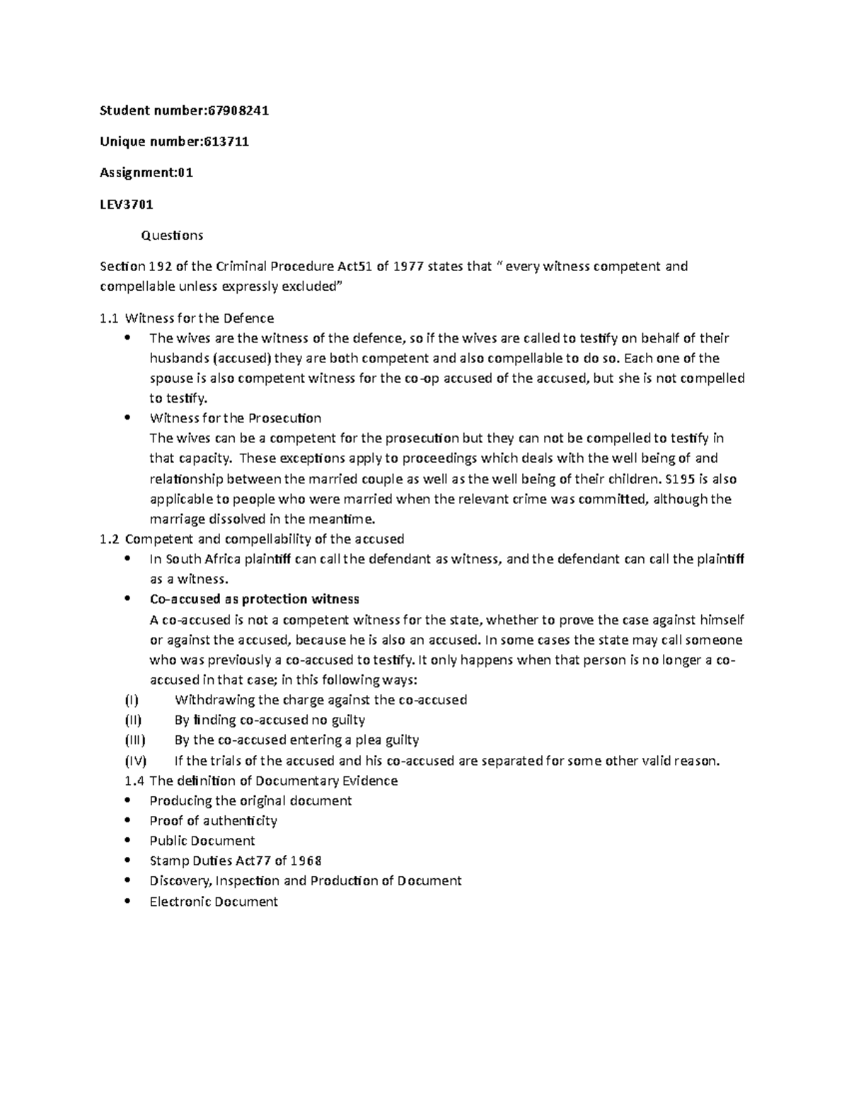 Lev3701..ass1 - Mrs Smith - Student number: Unique number: Assignment ...