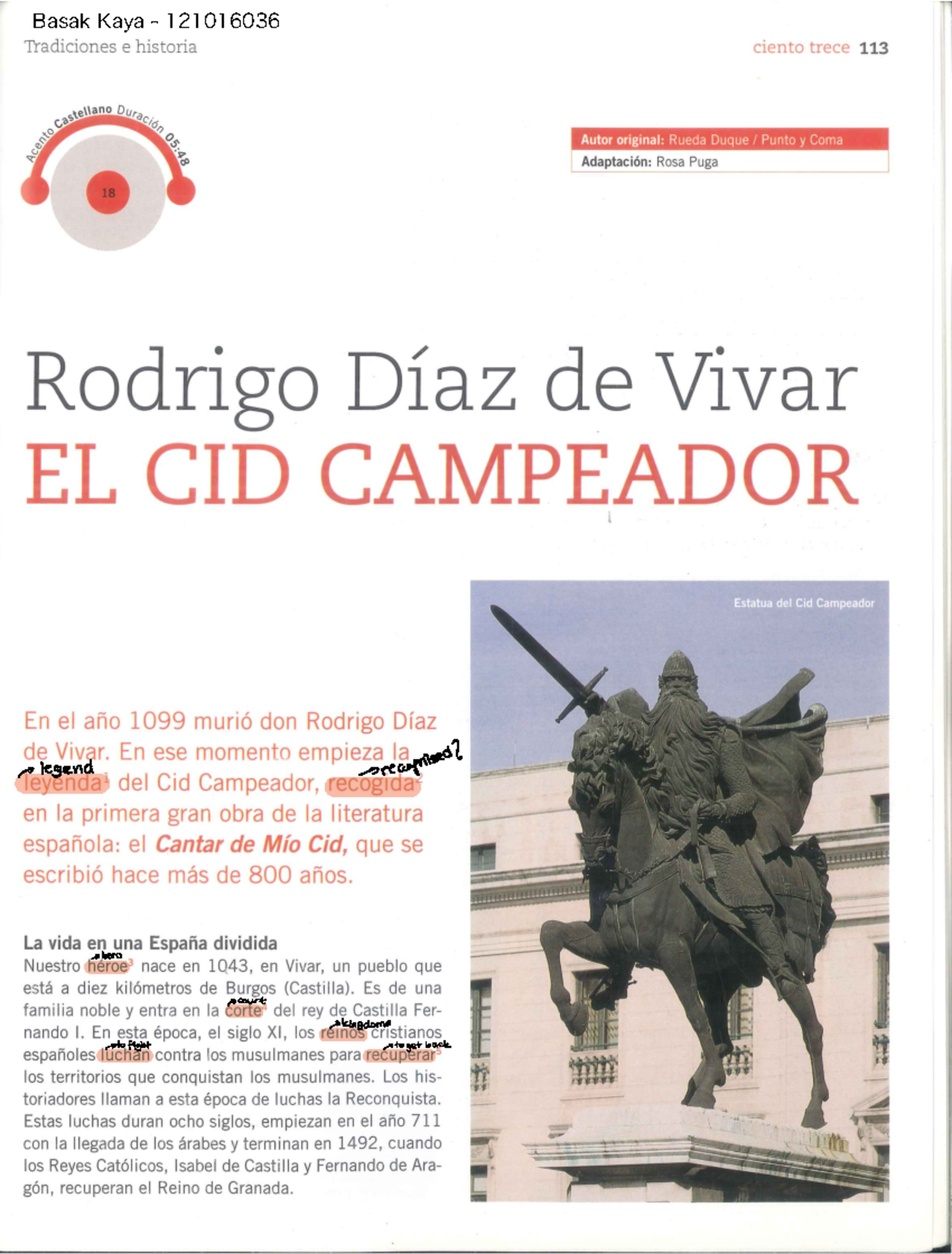 El Cid Campeador - practice of text - Basak Kaya 121016036 legend hero ...