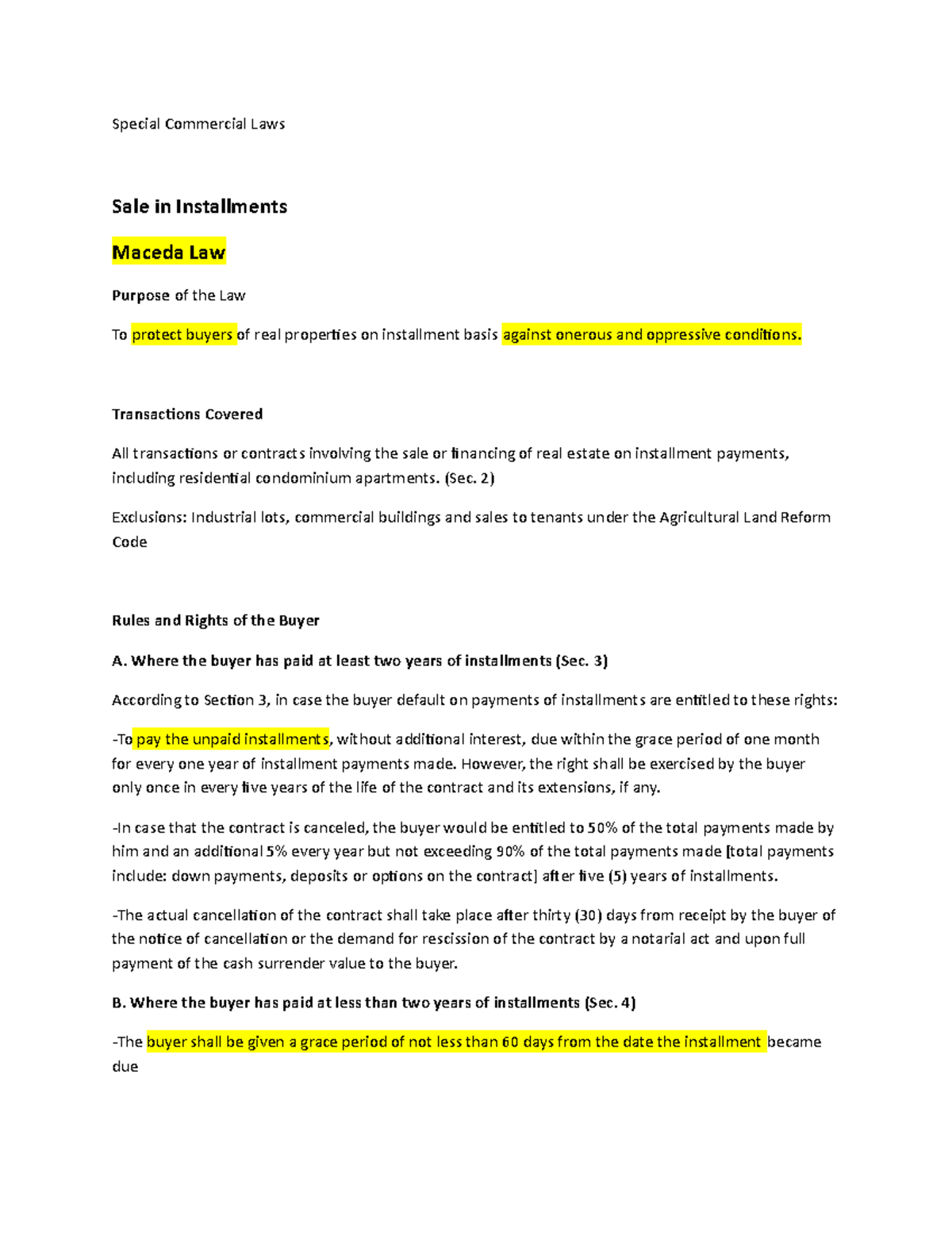 Maceda and Recto Law - Note - Special Commercial Laws Sale in Installments Maceda Law Purpose of ...
