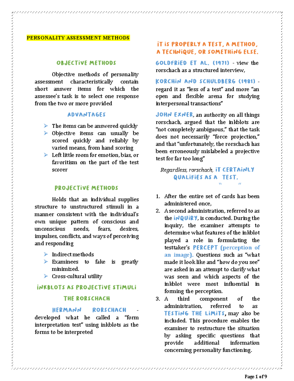 Personality Assessment Methods summary - PERSONALITY ASSESSMENT METHODS ...