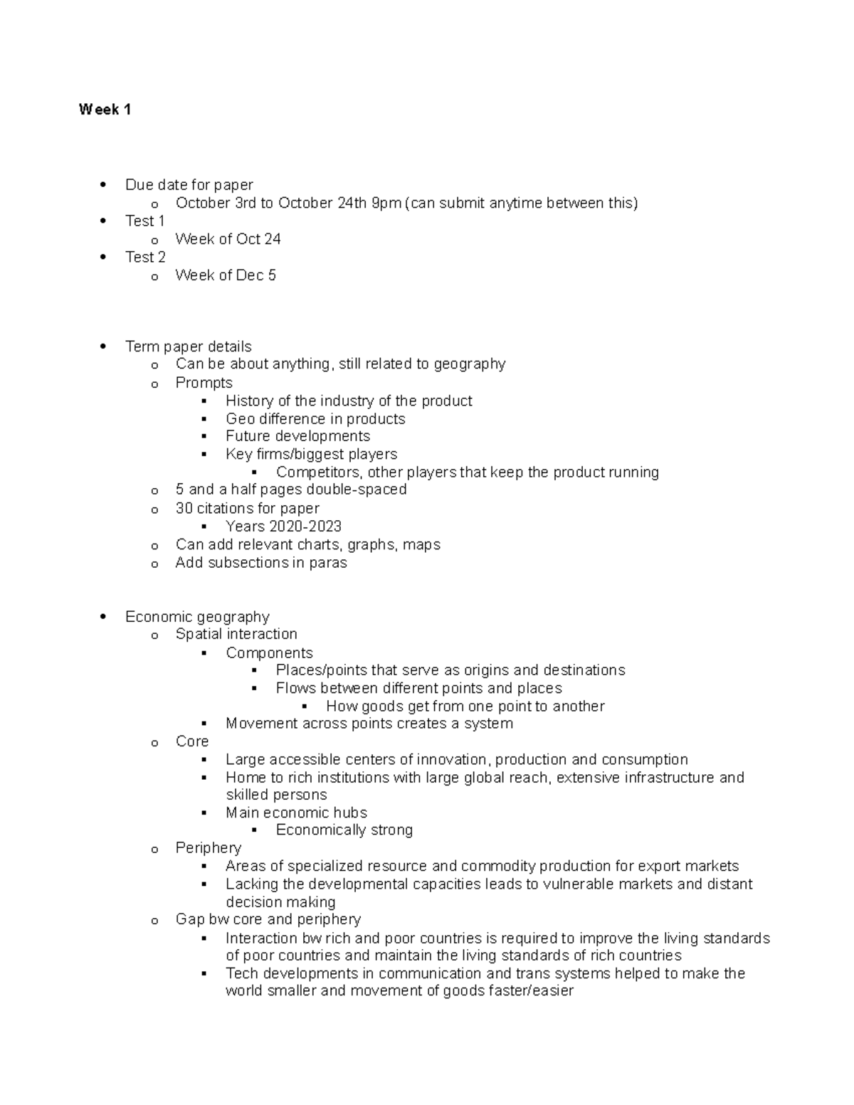 Geo Notes - from September to October - Week 1 Due date for paper o ...