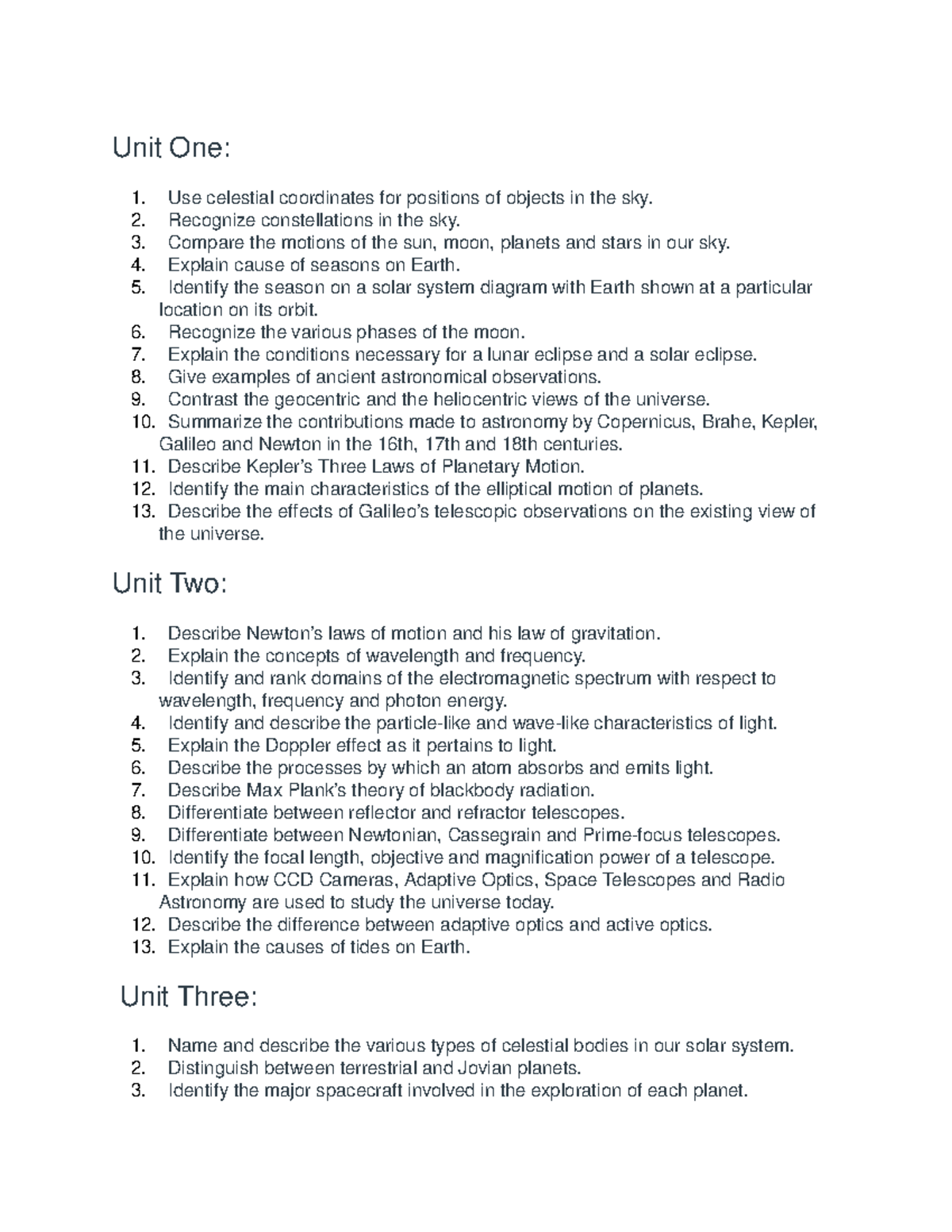 Astronomy final outline - Uni tOne: 1. Usecel es t i alcoor di nat esf ...