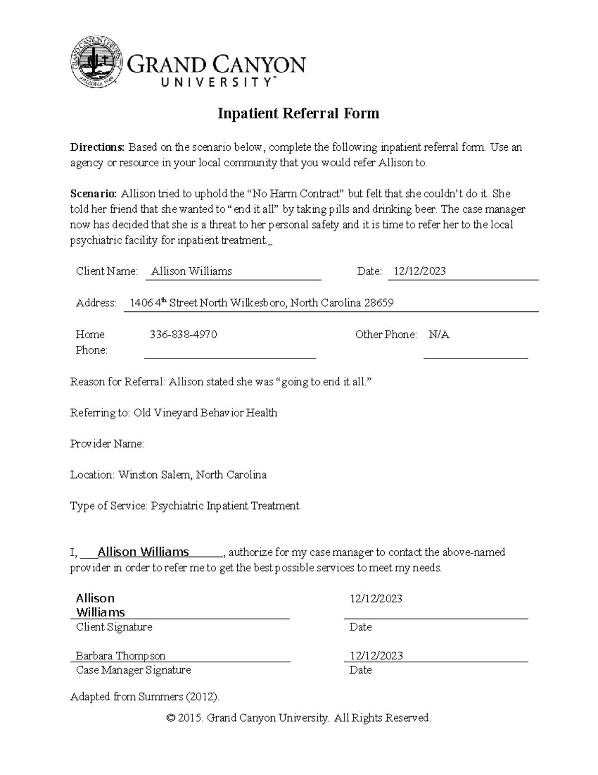 PCN255 - Case Management - Inpatient Referral Form Directions: Based on ...