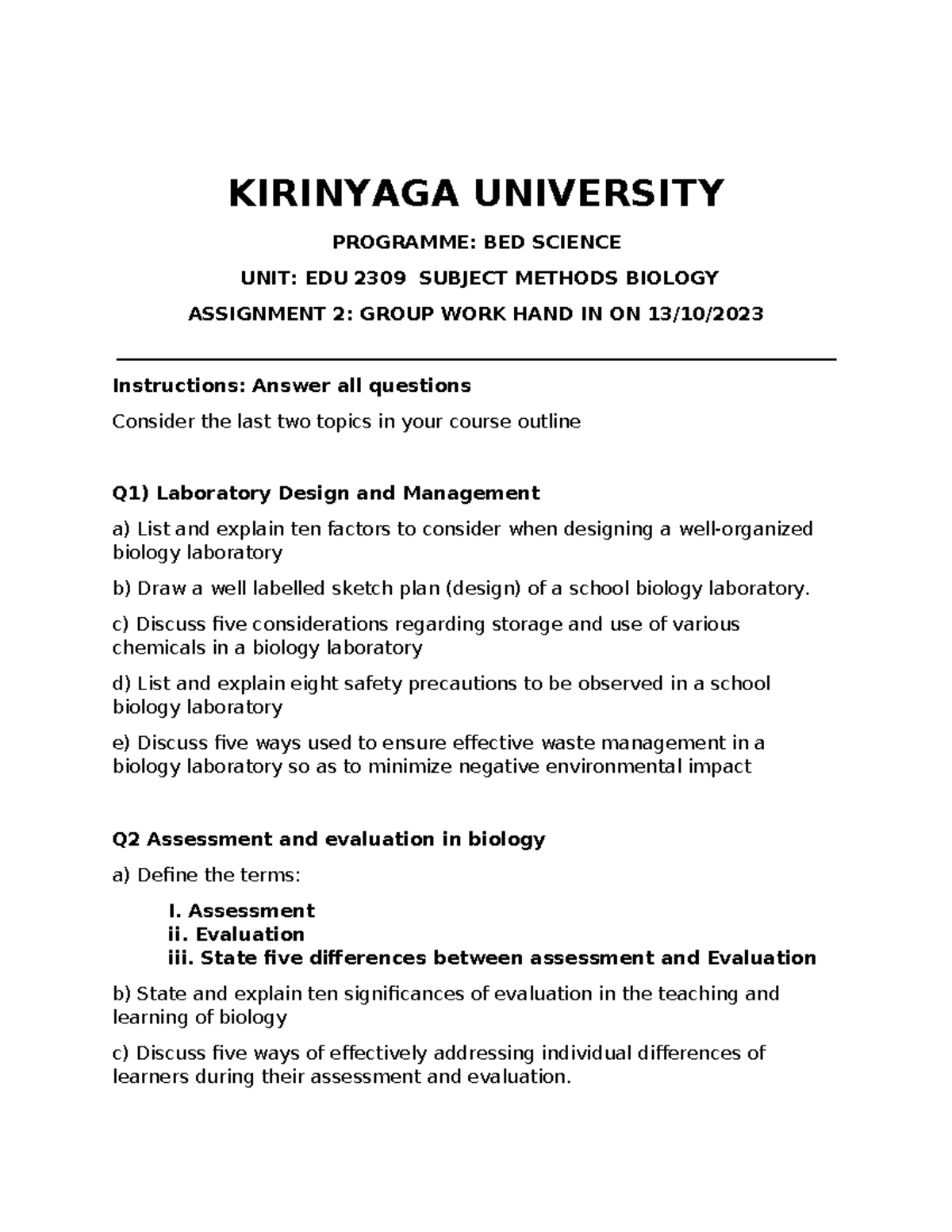 Assignment 2- Biology Subject Methods 24 - KIRINYAGA UNIVERSITY ...
