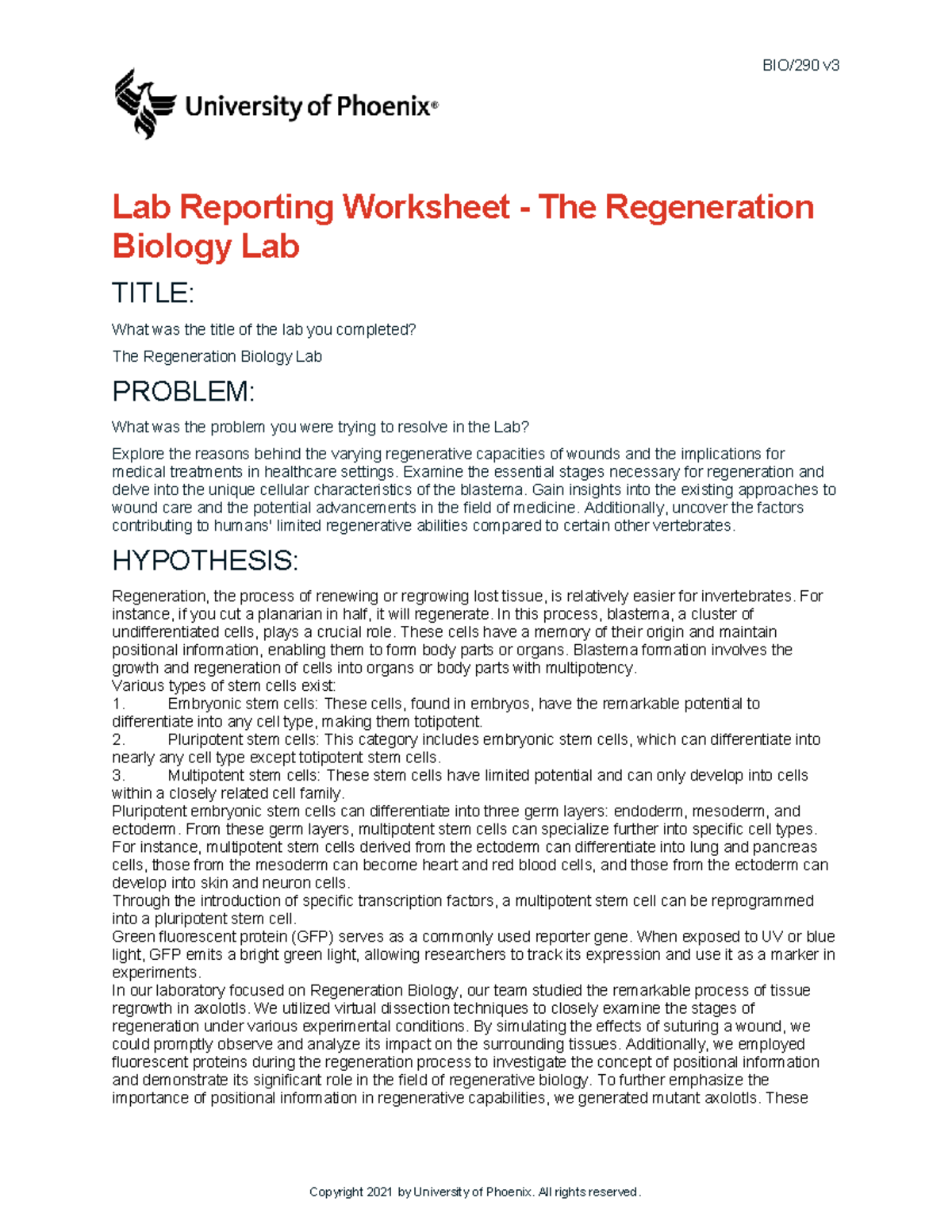 Lab Reporting Worksheet - The Regeneration Biology Lab - BIO/290 v Lab ...