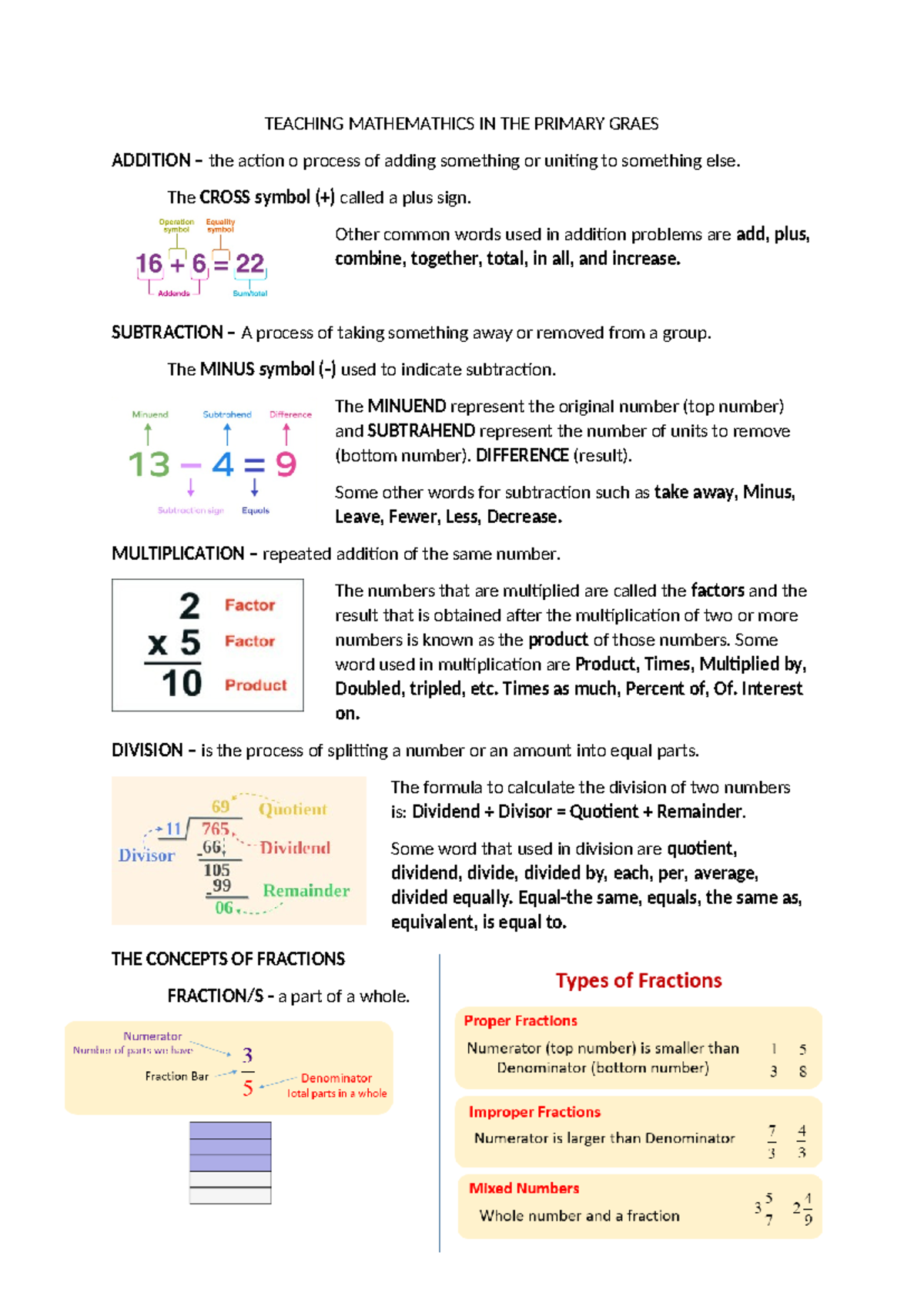 Teaching MATH Reviewer - TEACHING MATHEMATHICS IN THE PRIMARY GRAES ADDITION – the action o ...