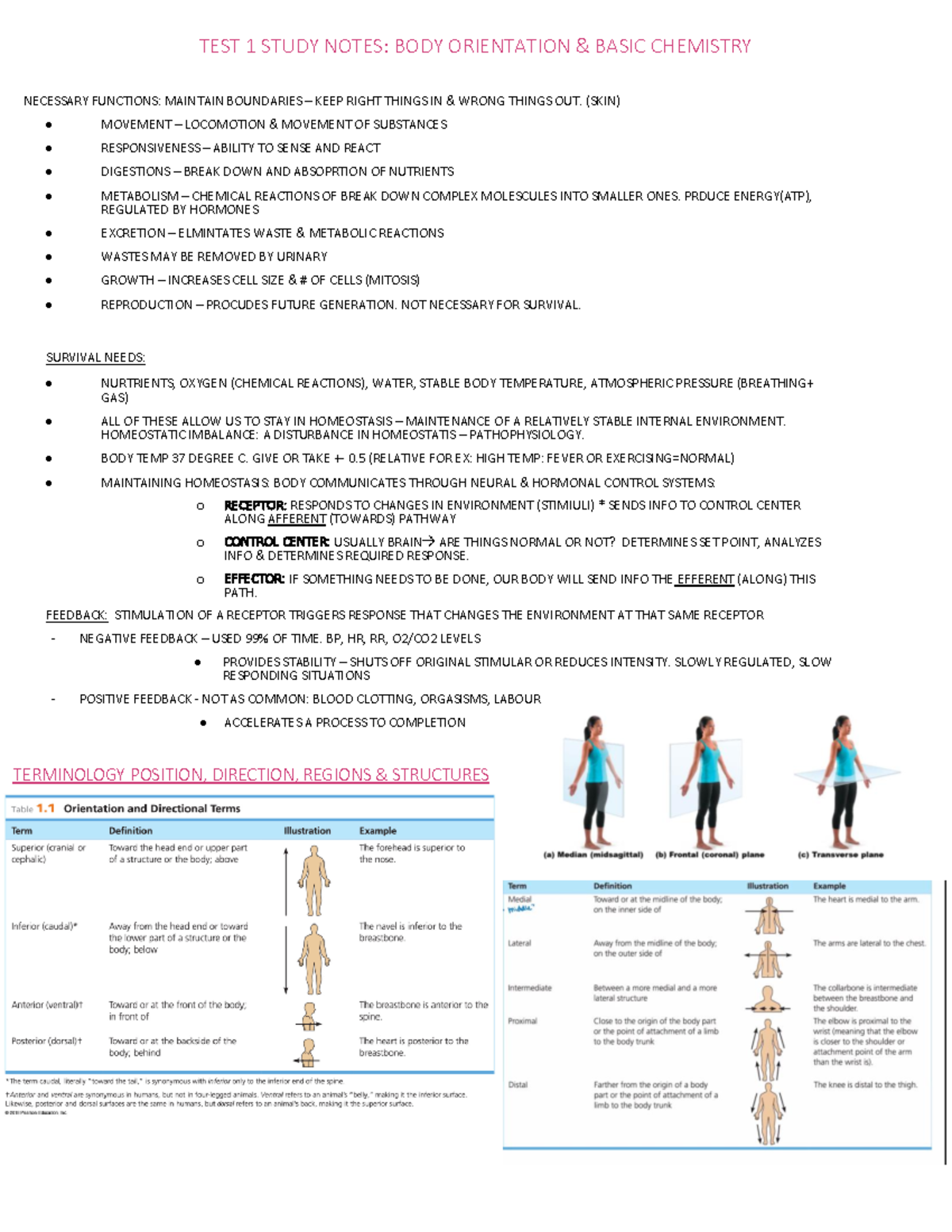 TEST 1 Study Notes - Test 1 - TEST 1 STUDY NOTES: BODY ORIENTATION ...