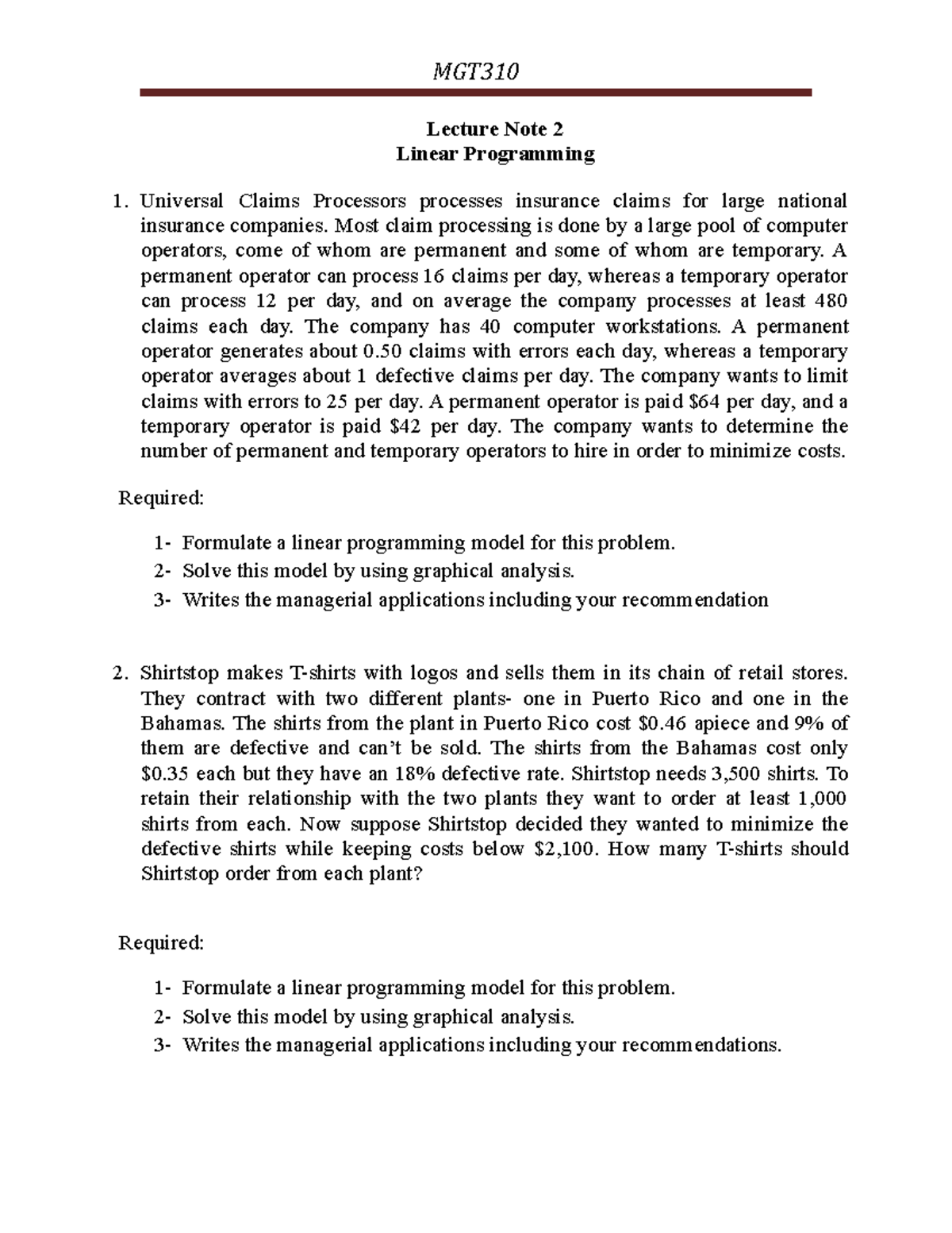 Lecture Note 2 - MGT Lecture Note 2 Linear Programming Universal Claims ...