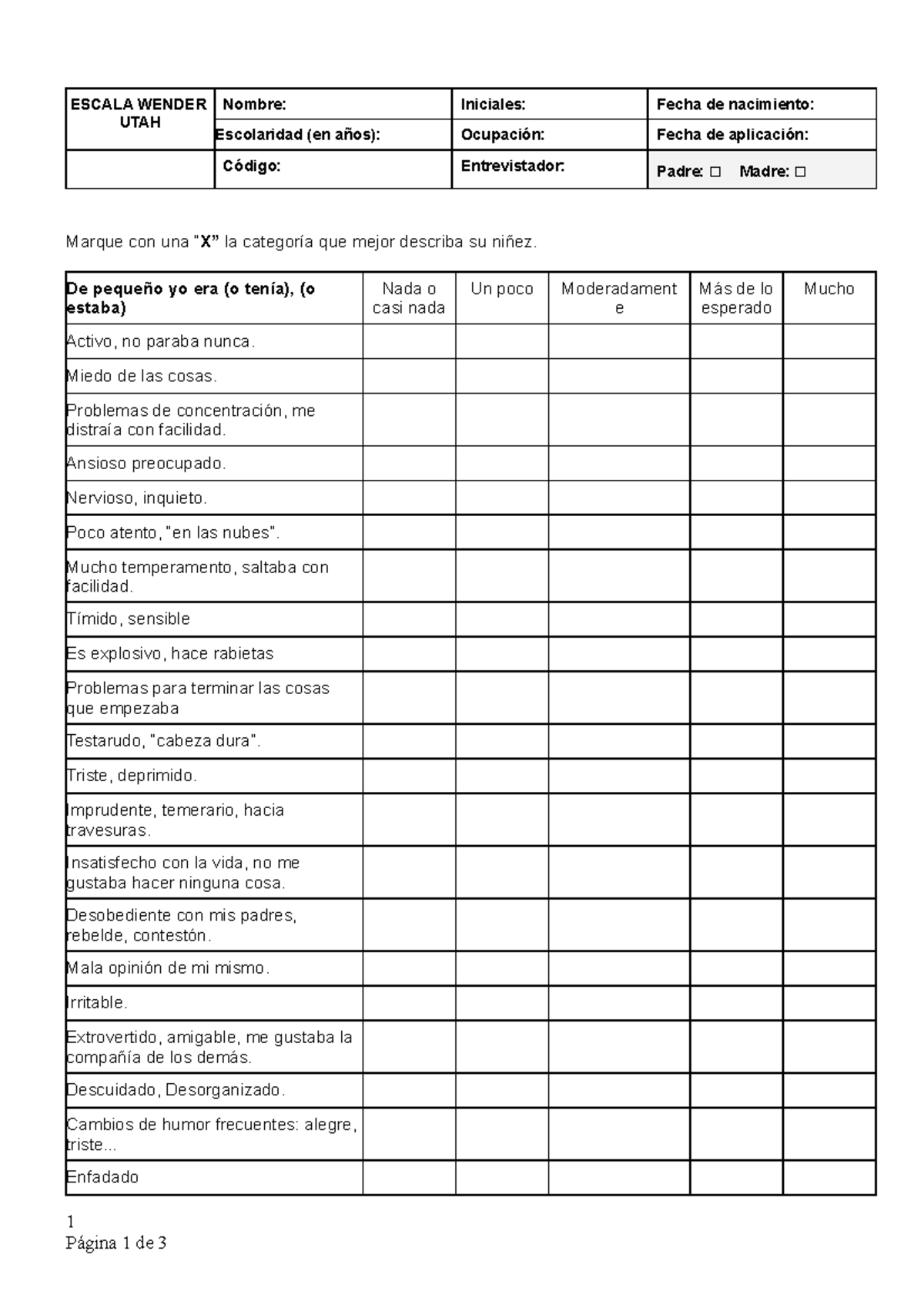 Escala Wender Uta TDAH - Evaluación - ESCALA WENDER UTAH Nombre ...