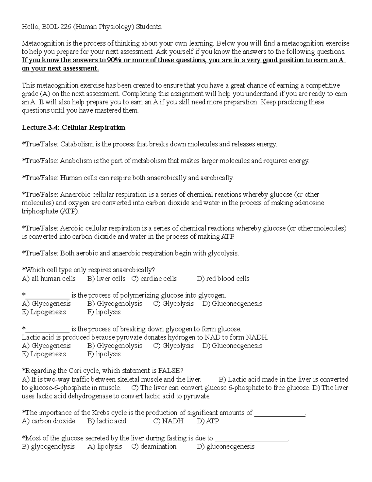 Lecture 3-4 Cellular Respiration Metacognition Exersice Spencer - Hello, BIOL 226 (Human ...